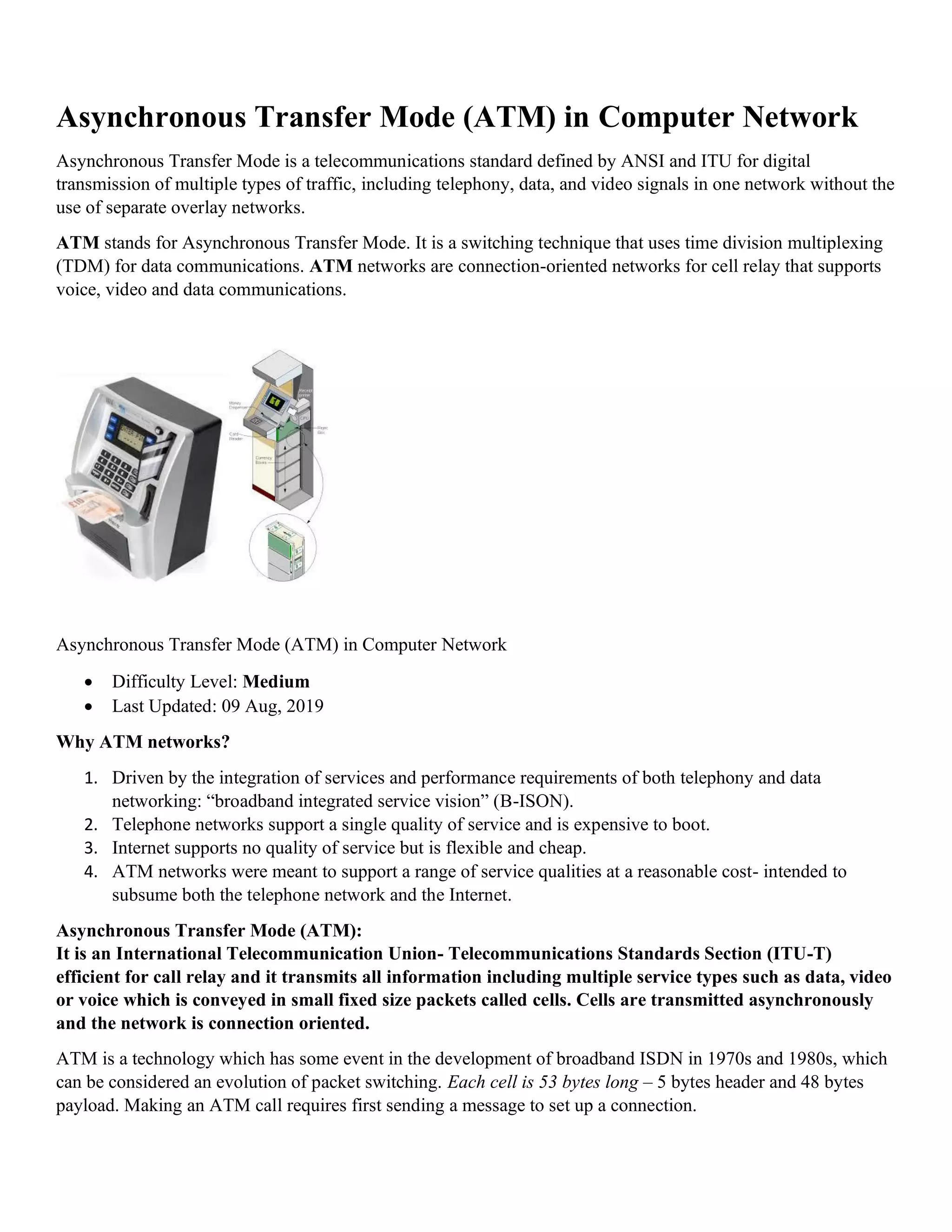 Asynchronous transfer mode (atm) in computer network | PDF