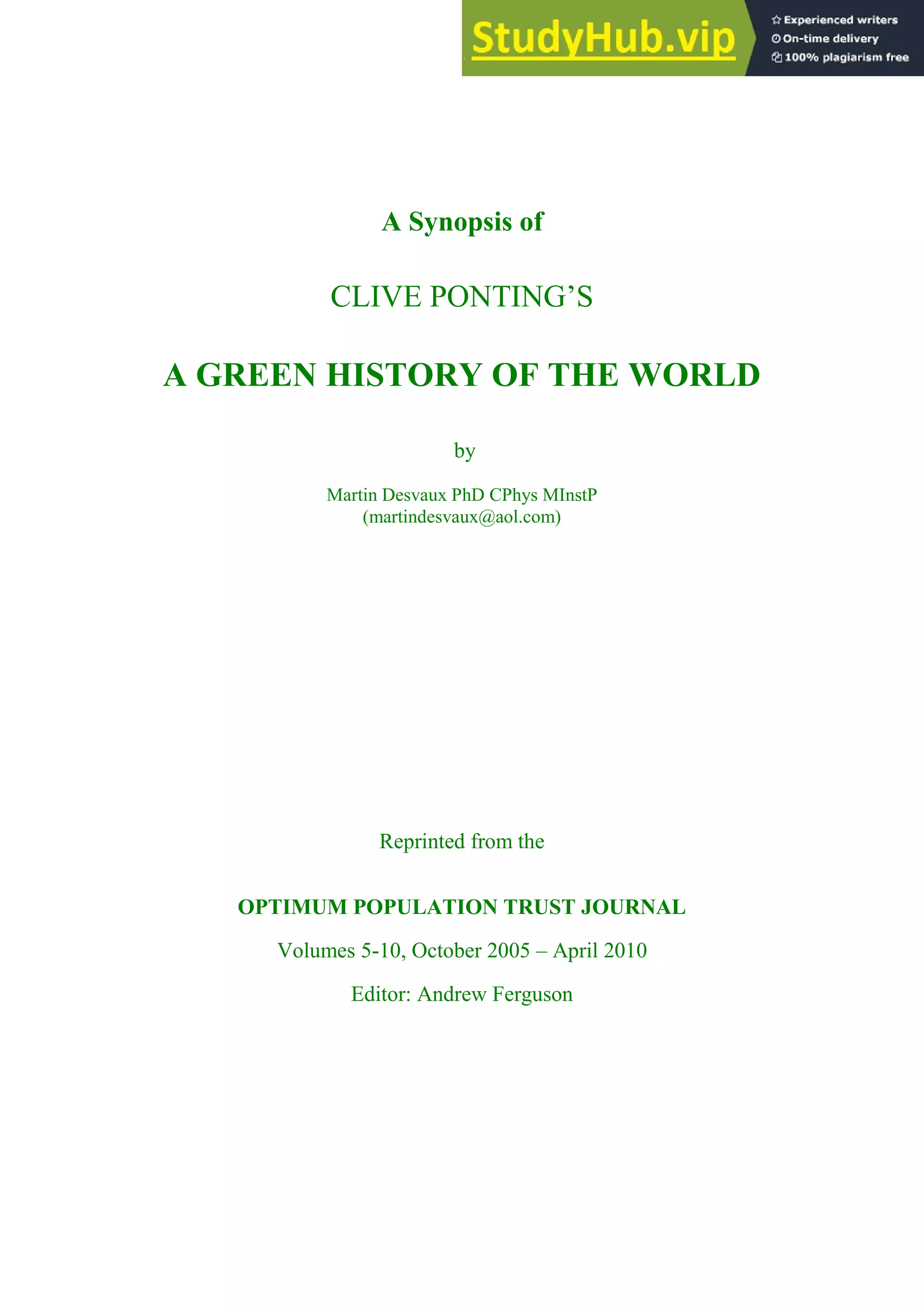 A Synopsis Of A GREEN HISTORY OF THE WORLD | PDF