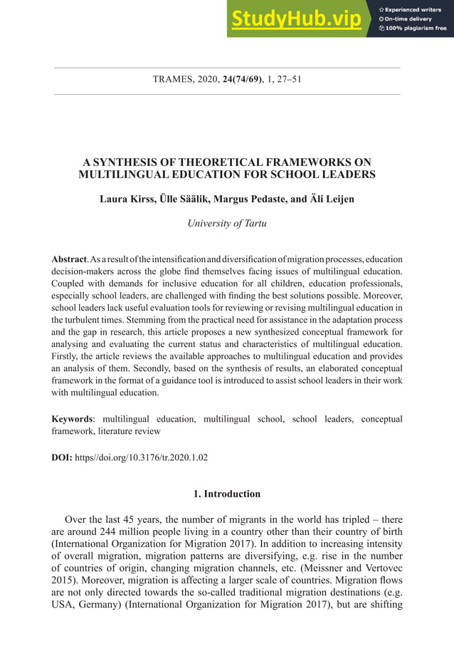 A Synthesis Of Theoretical Frameworks On Multilingual Education For School Leaders | PDF