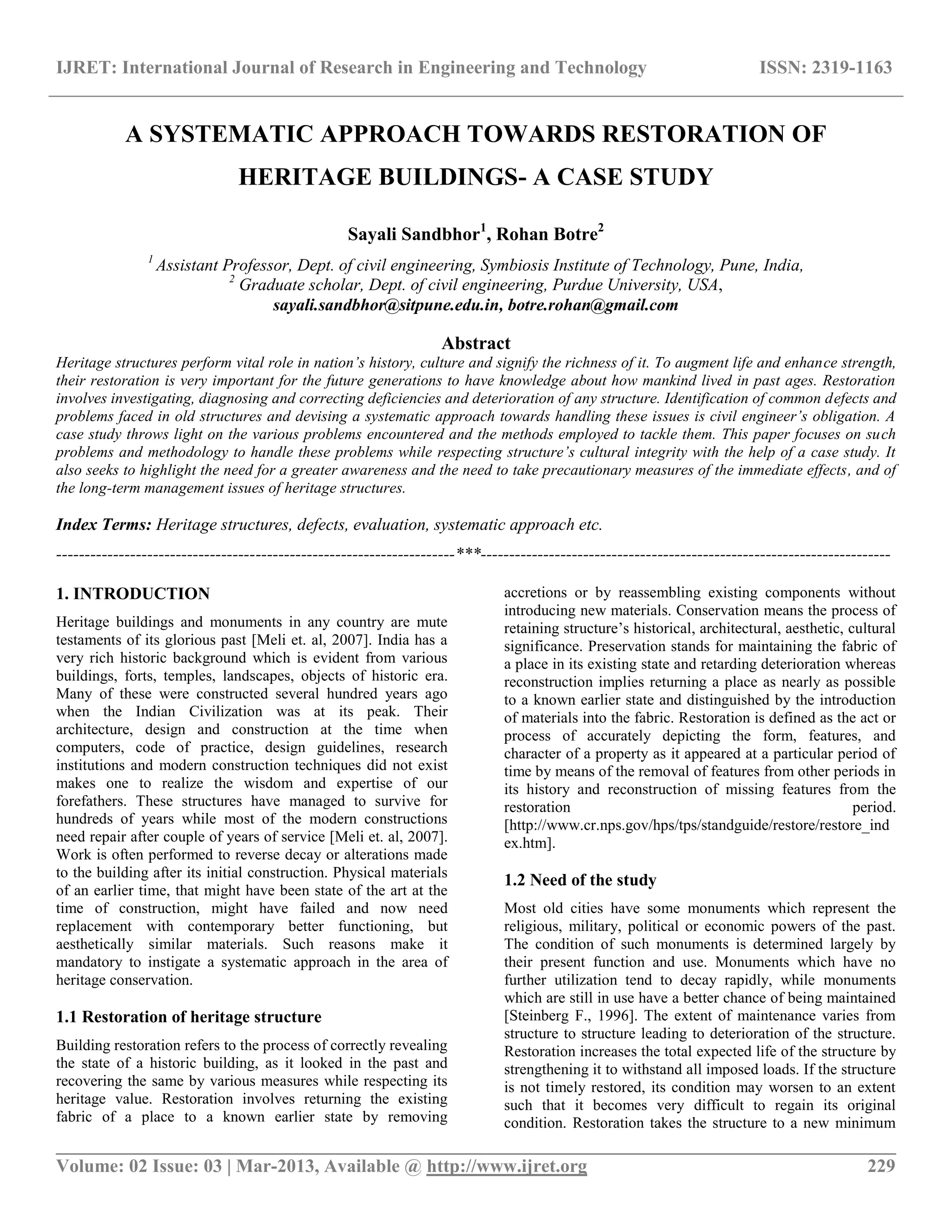 A systematic approach towards restoration of heritage buildings a case ...