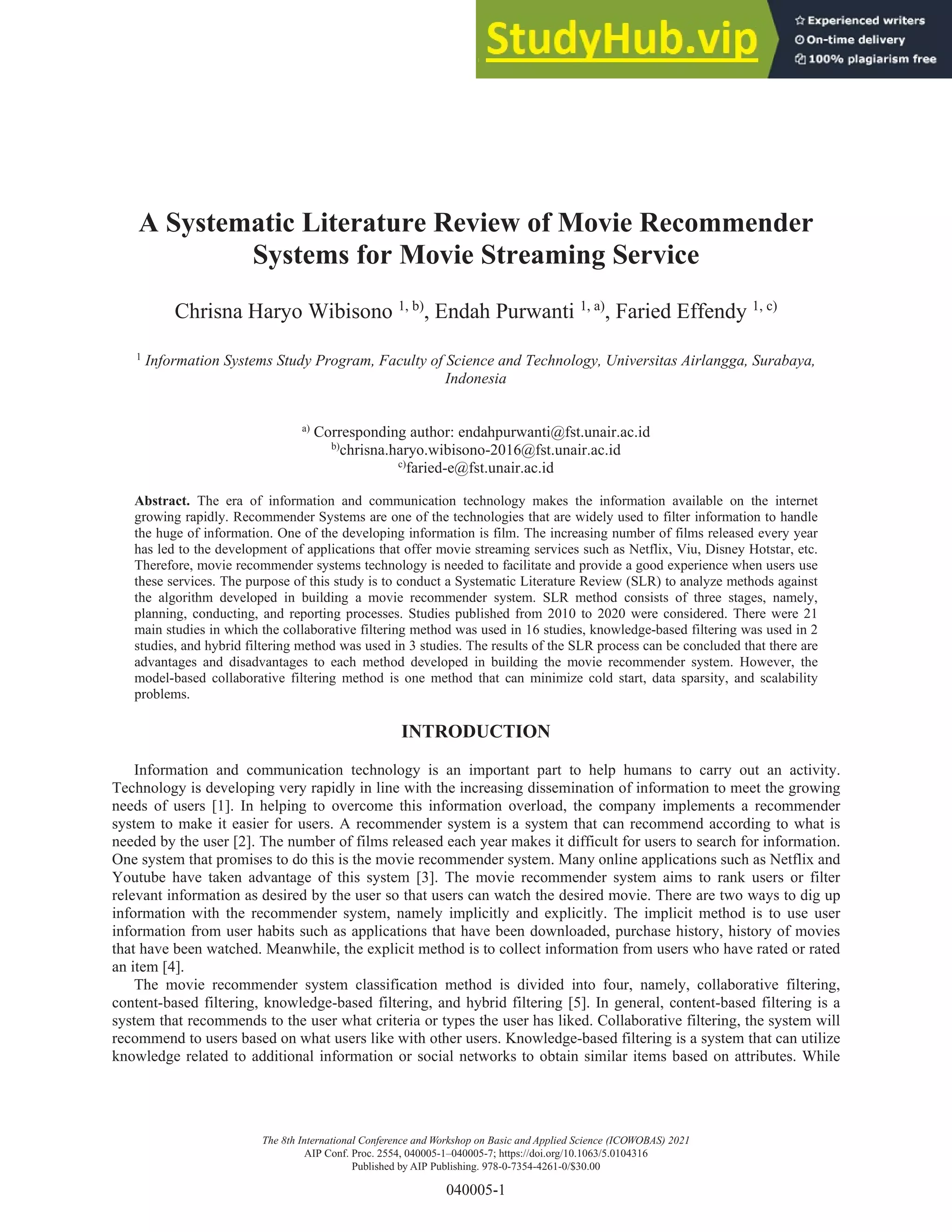 A Systematic Literature Review Of Movie Recommender Systems For Movie Streaming Service | PDF