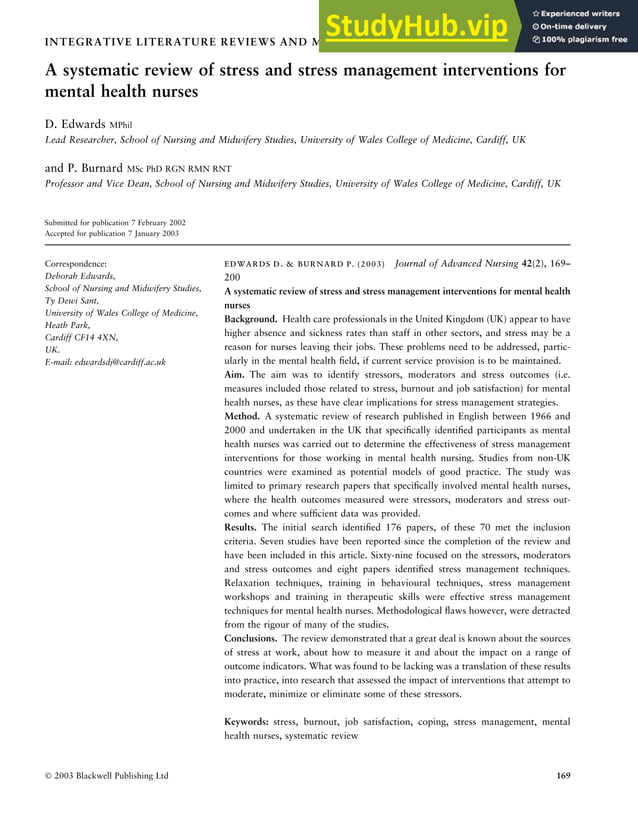 A Systematic Review Of Stress And Stress Management Interventions For ...