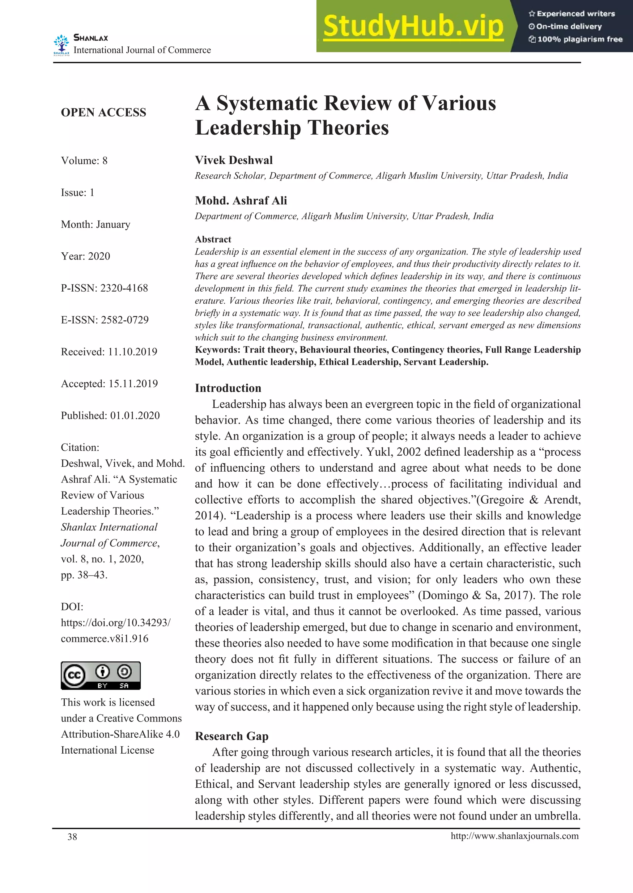 A Systematic Review Of Various Leadership Theories | PDF