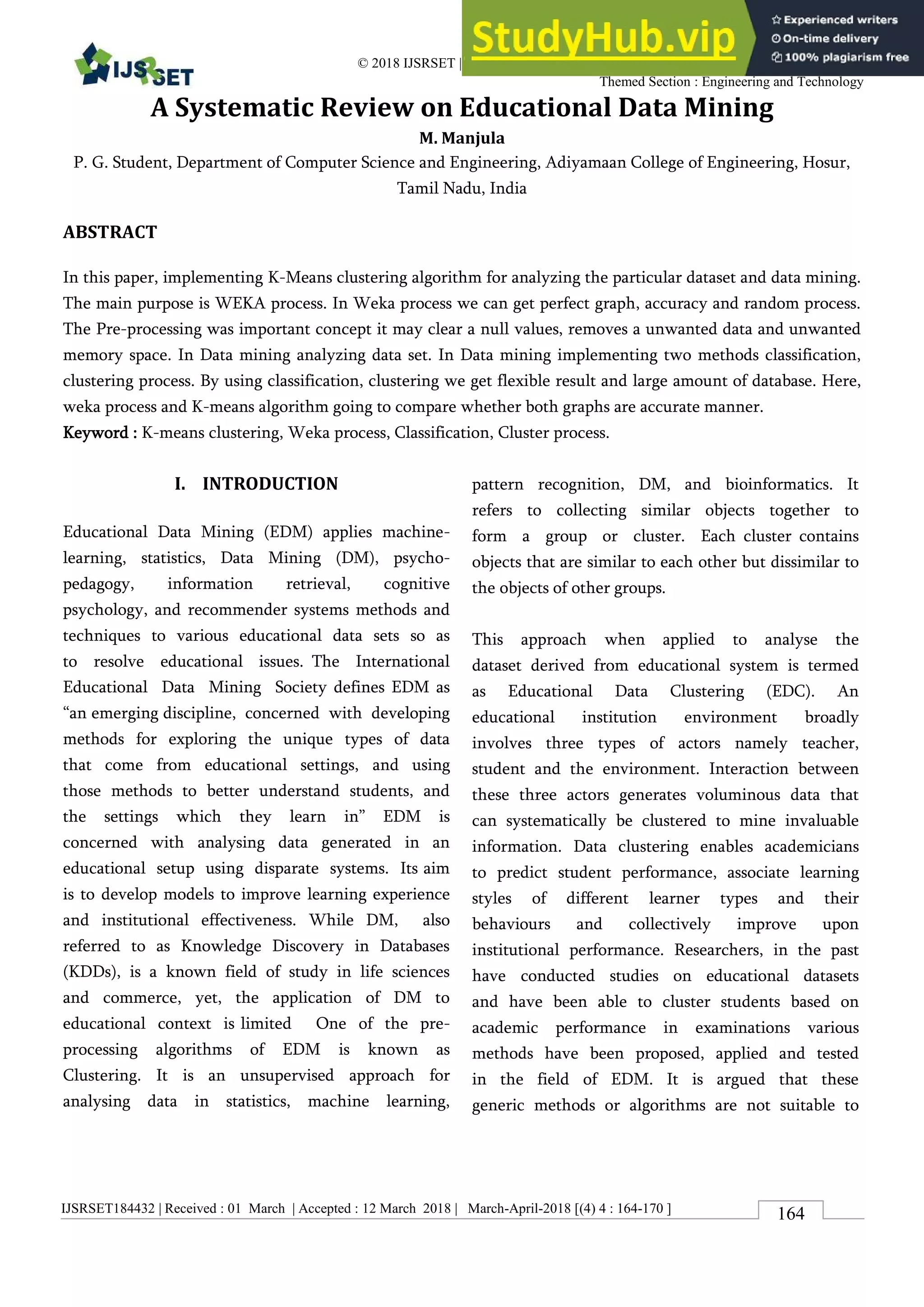 A Systematic Review On Educational Data Mining | PDF