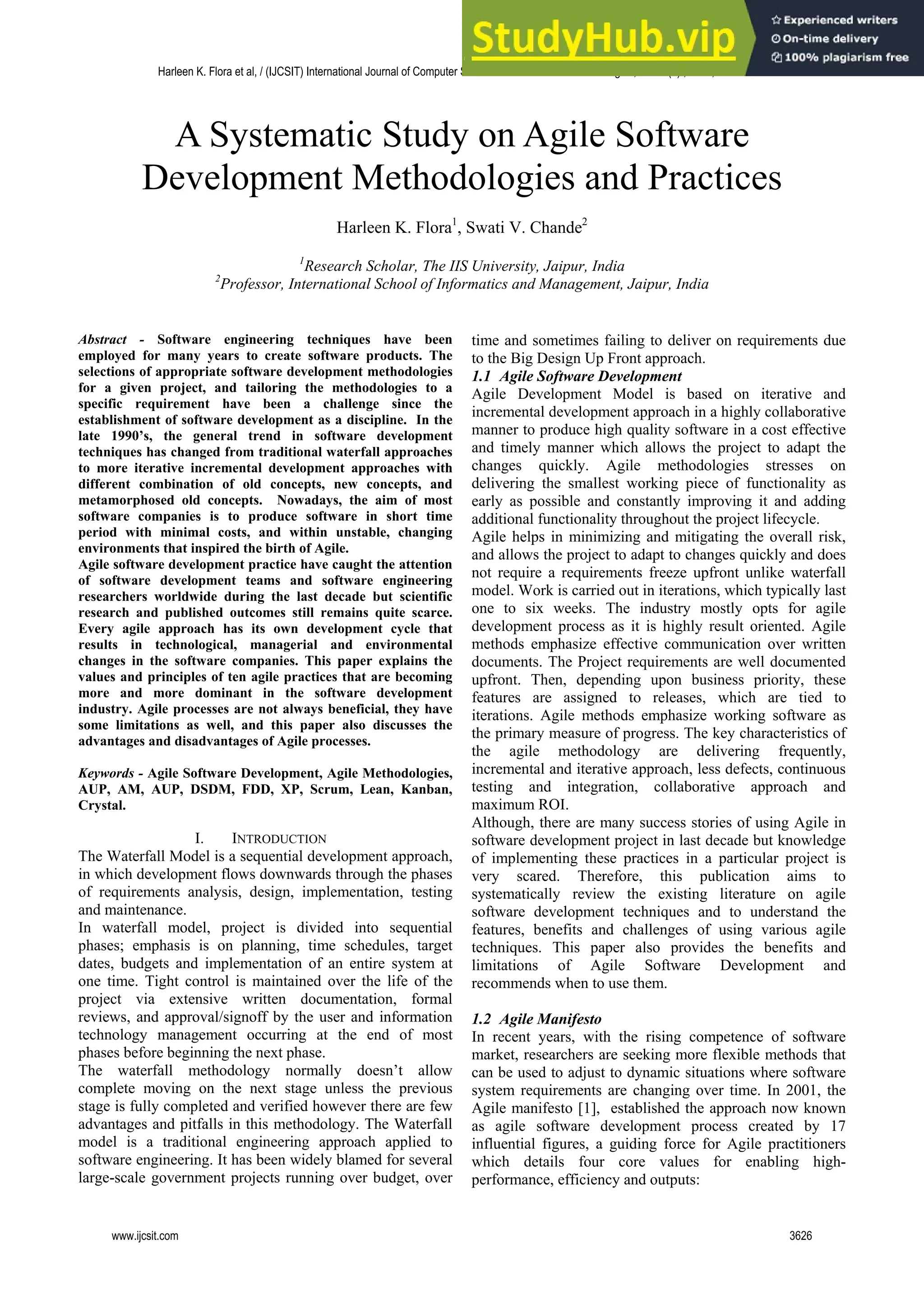 A Systematic Study On Agile Software Development Methodlogies And Practices | PDF