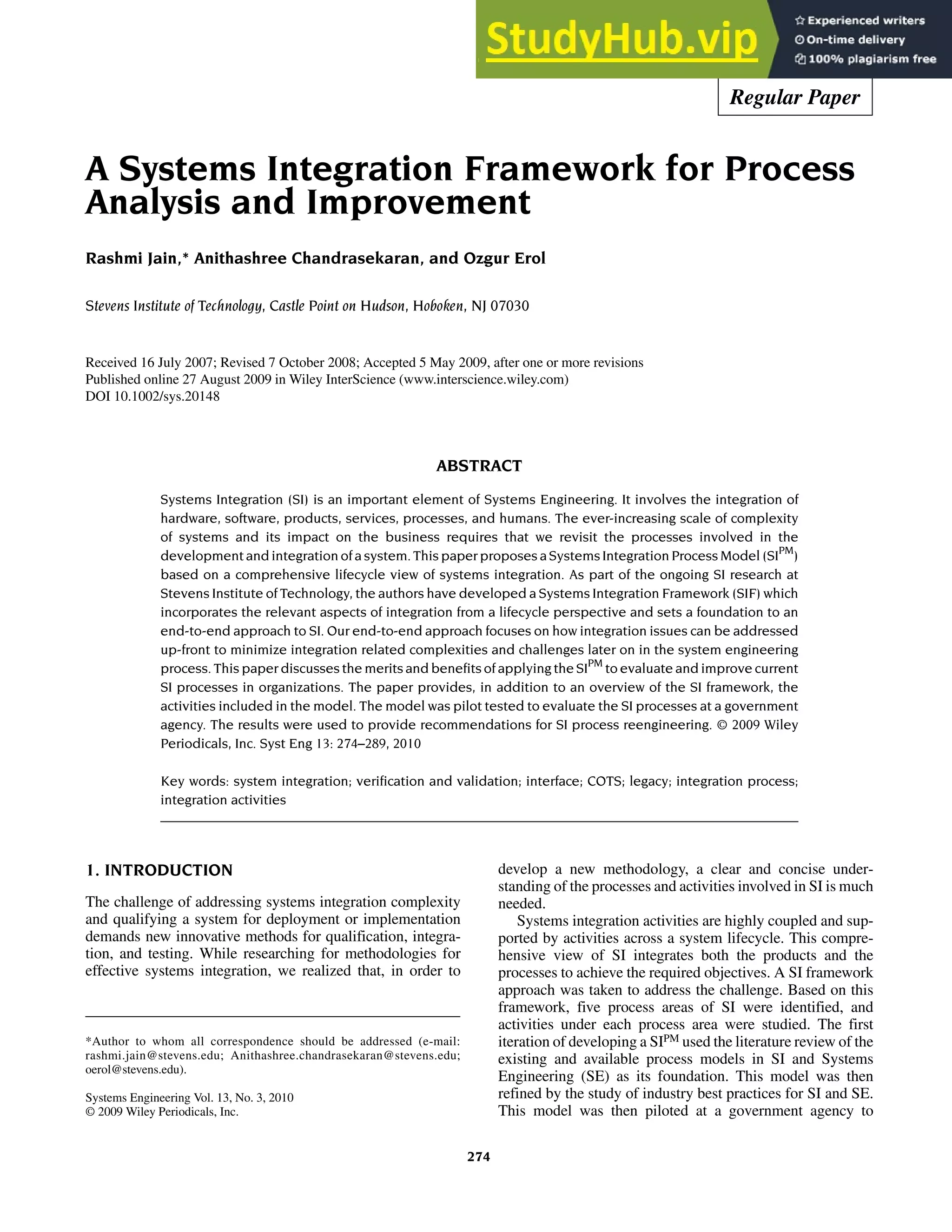A Systems Integration Framework For Process Analysis And Improvement Pdf