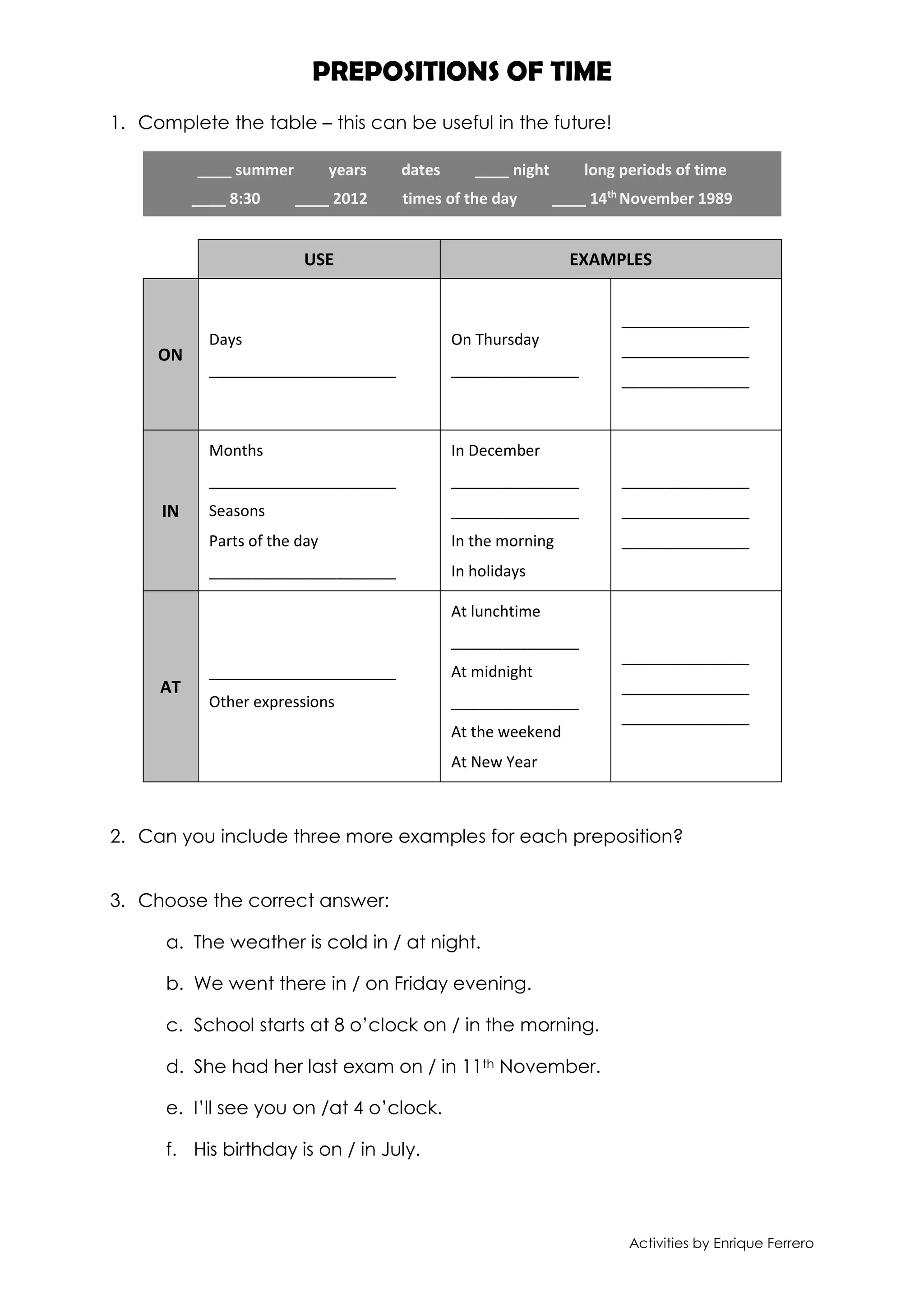 AT IN ON - Prepositions of time - Activities | PDF