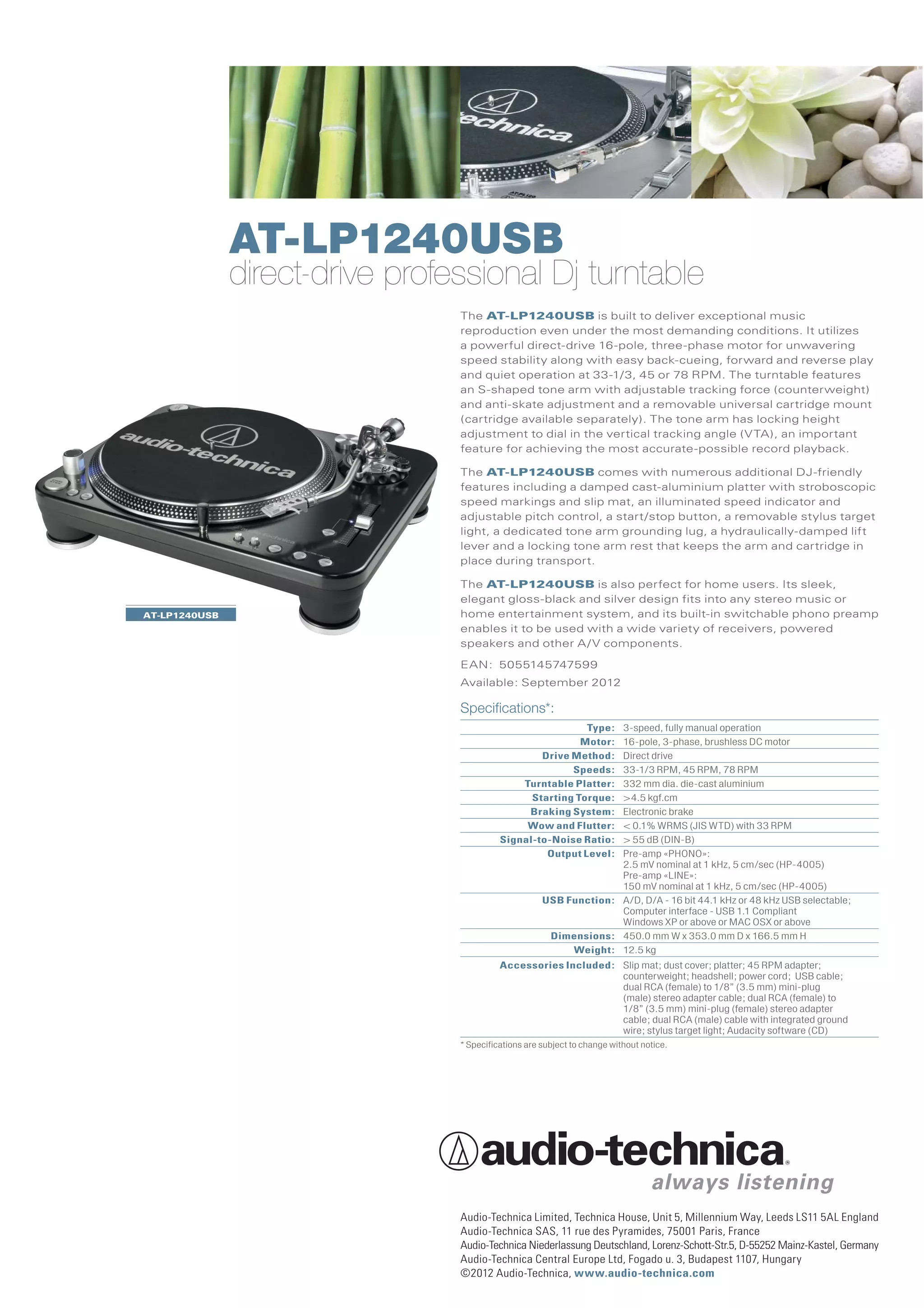 Audio-Technica LP1240 usb turntable datasheet | PDF