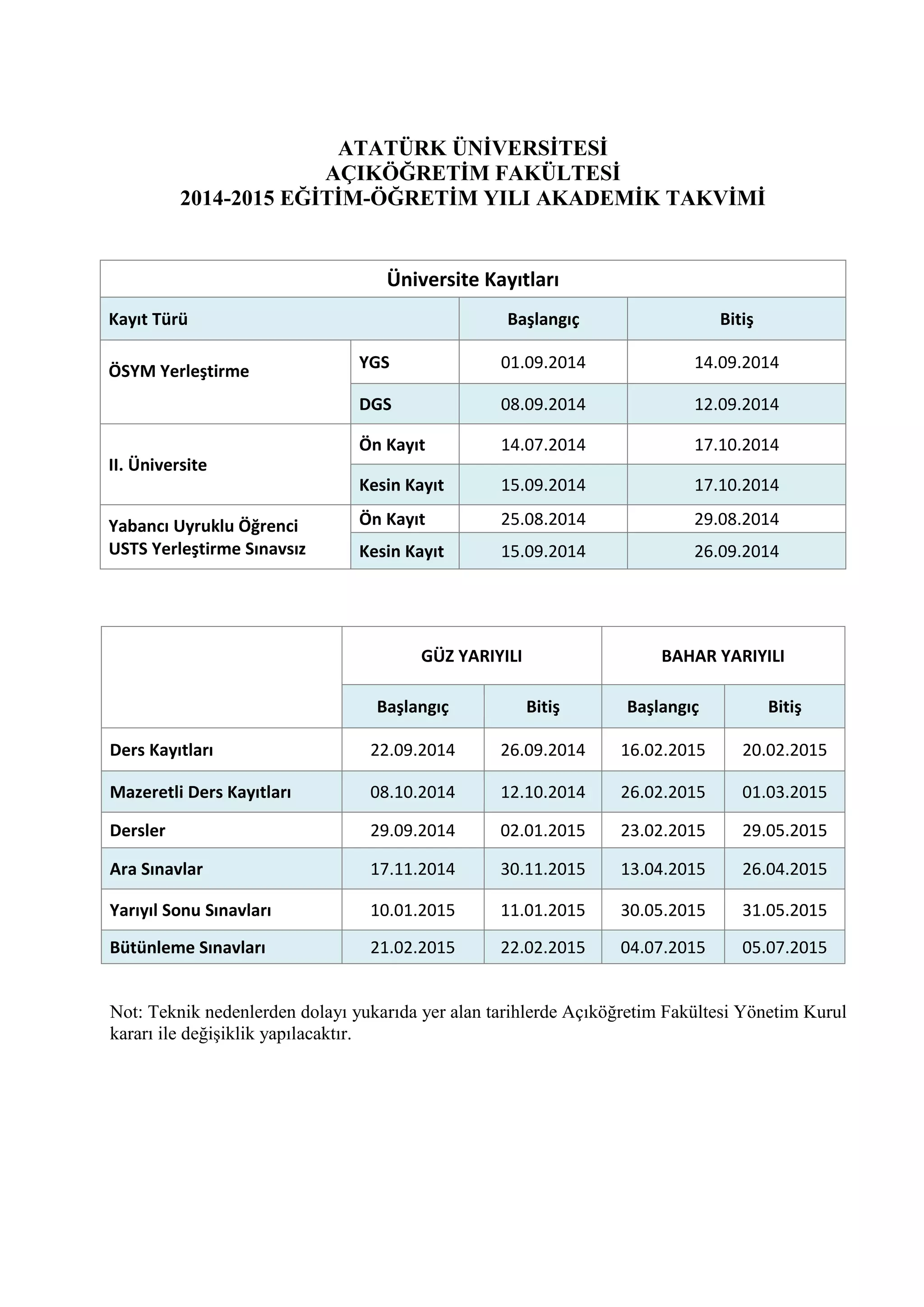 ATA-AÖF Akademik Takvim 2015 AdaletAOF.com