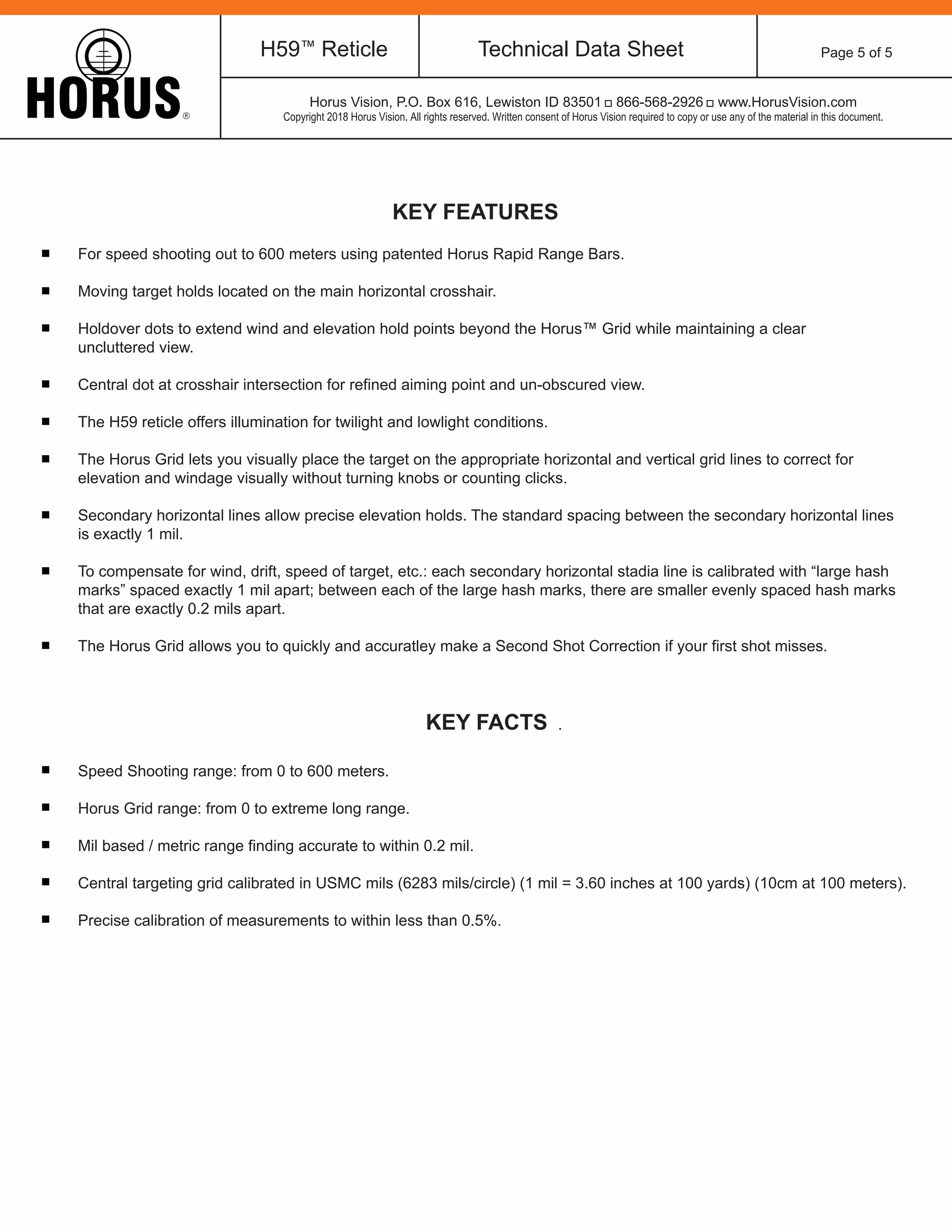 Technical Sheet | ATACR HORUS H59 Reticle | Optics Trade | PDF