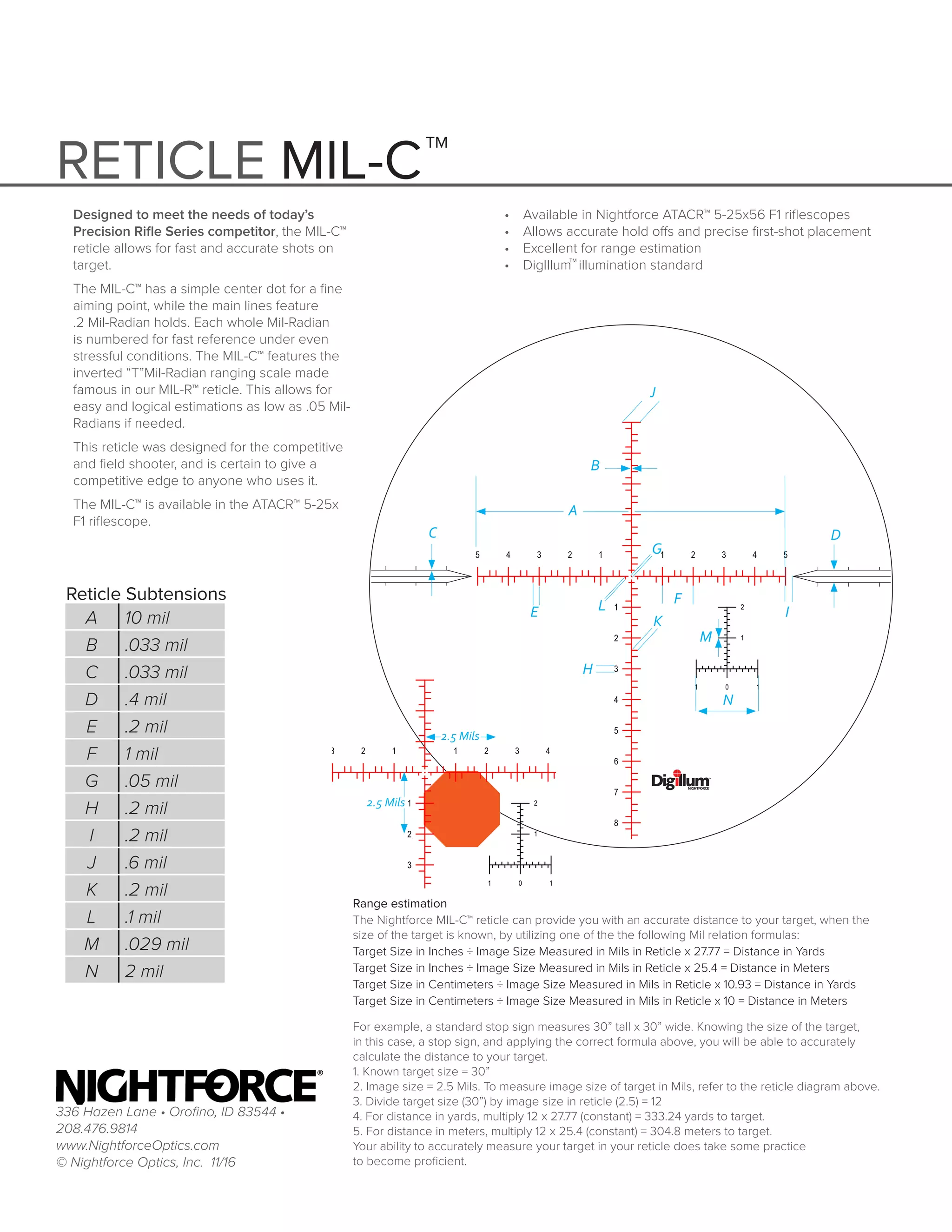 Technical Sheet | ATACR MIL-C Reticle | Optics Trade | PDF