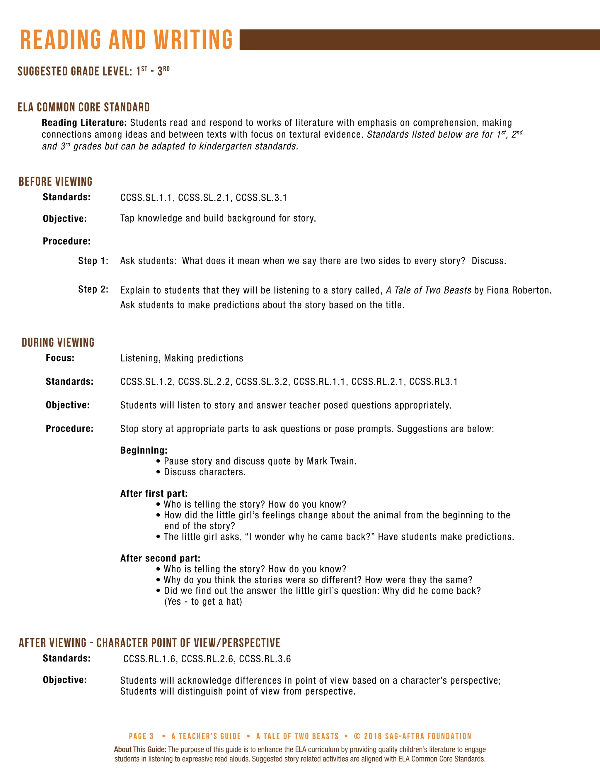 storyline online teacher's guide - tale of two beasts | PDF