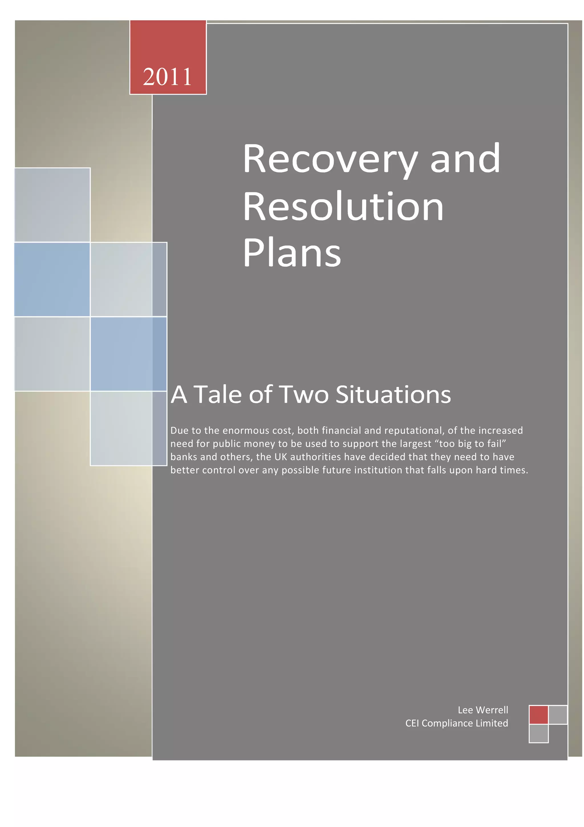 A Tale of Two Situations - Recovery & Resolution Planning - UK FSA | PDF