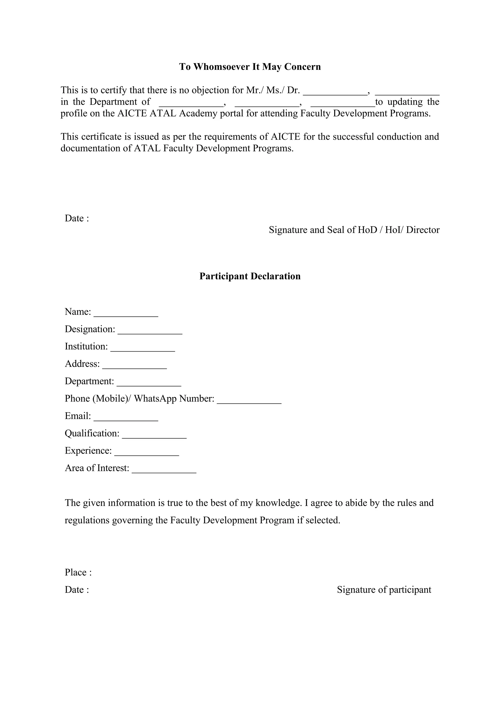 ATAL FDP Profile update No Objection Certificate Template | DOCX