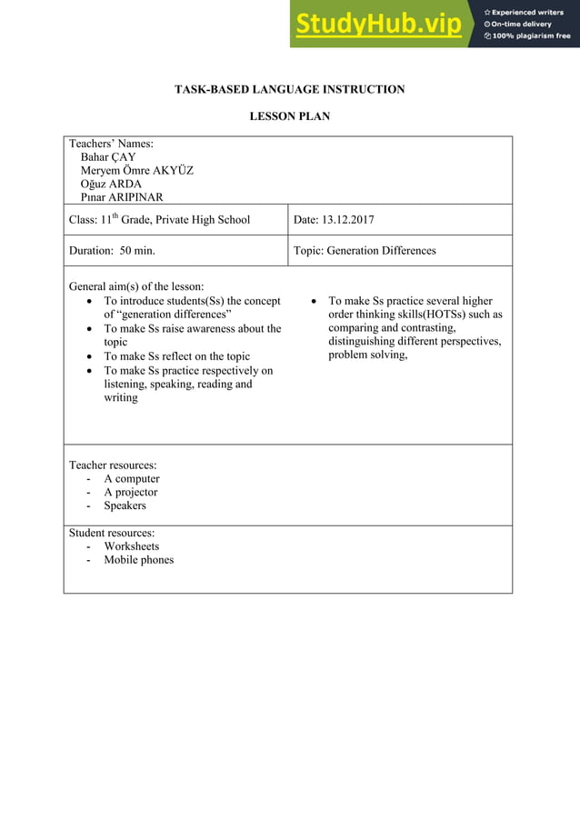 A Task-Based Lesson Plan For Generation Differences | PDF