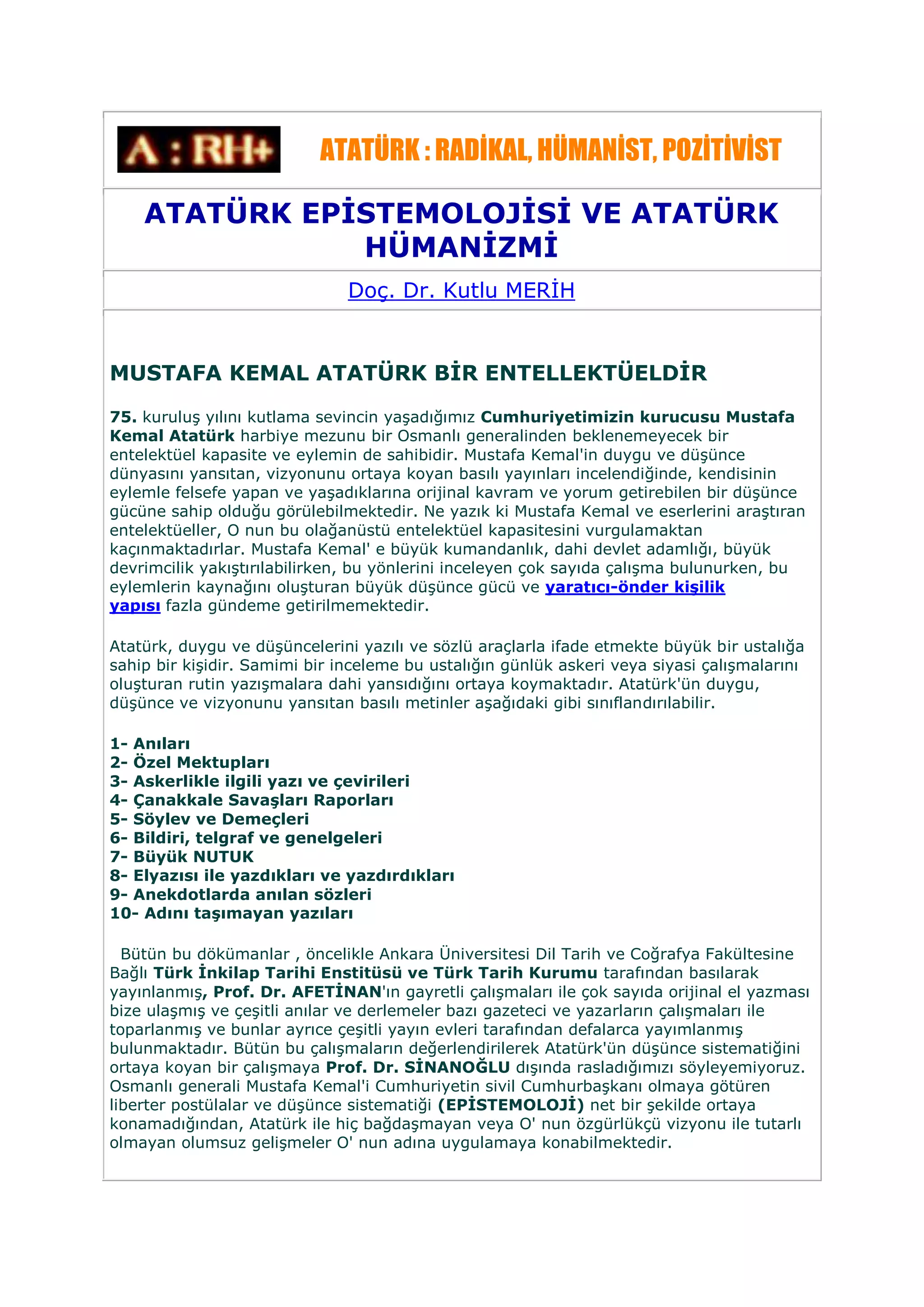ATATURK EPISTEMELOJISI VE ATATURK HUMANIZMI | PDF