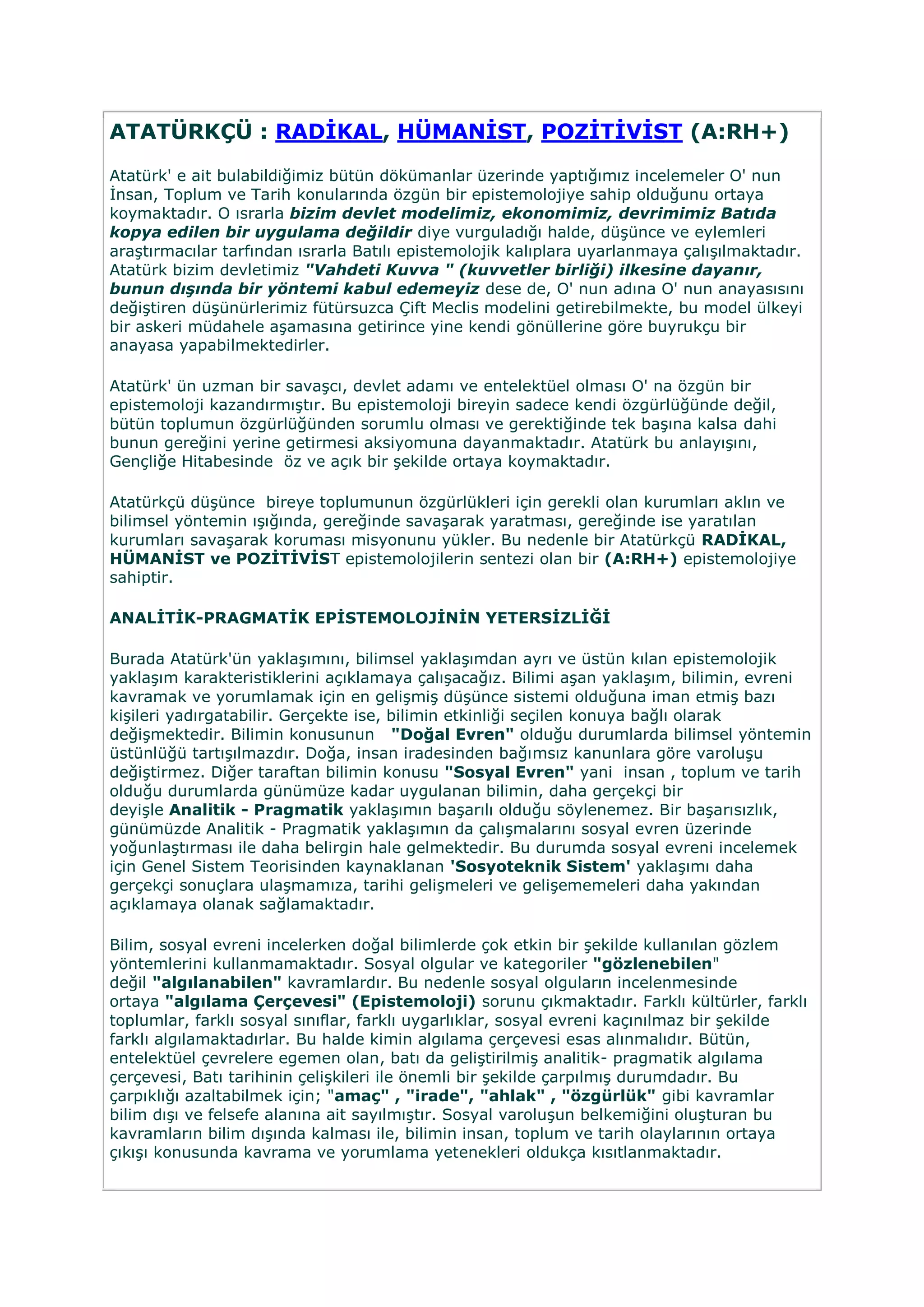 ATATURK EPISTEMELOJISI VE ATATURK HUMANIZMI | PDF