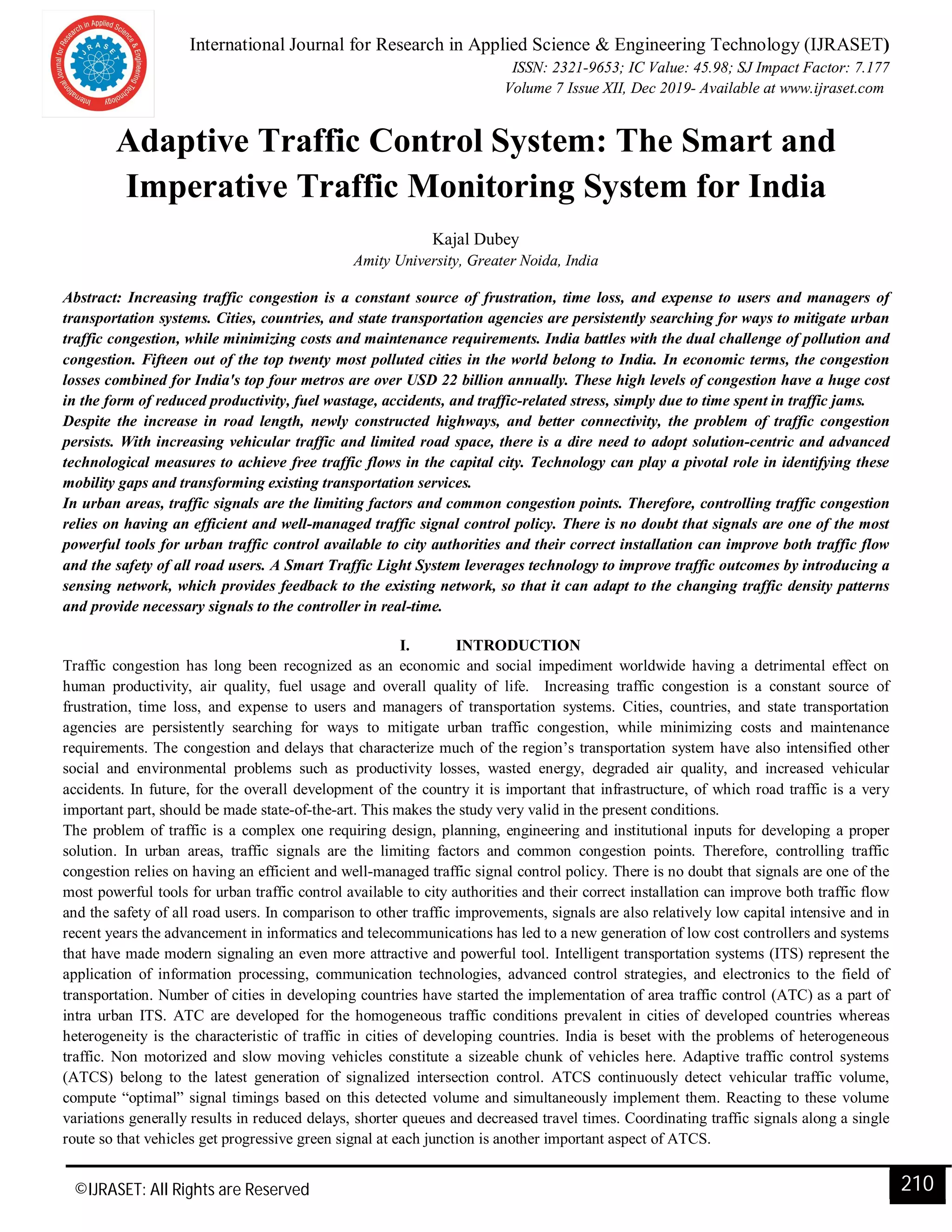 Adaptive Traffic Control System : The Smart and Imperative Traffic Monitoring System for India ...