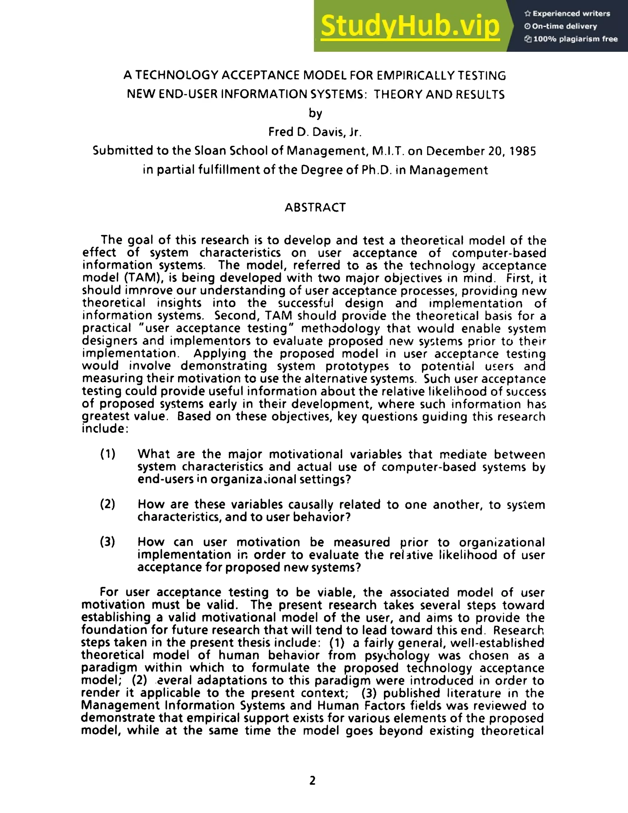 A TECHNOLOGY ACCEPTANCE MODEL FOR EMPIRICALLY TESTING NEW END-USER ...