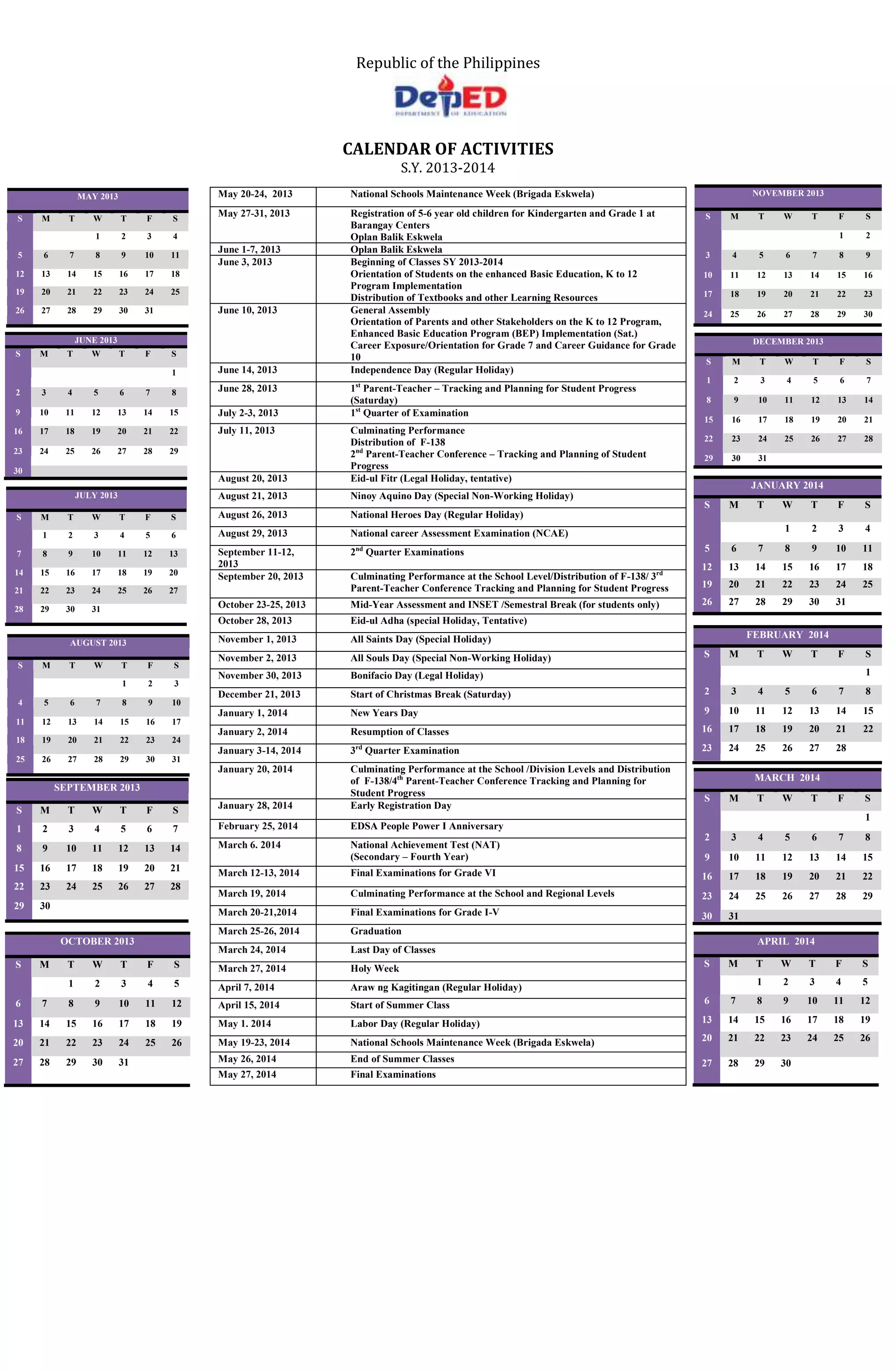 CALENDAR OF ACTIVITIES S.Y. 2013-2014 by Emilyn Ragasa | DOCX