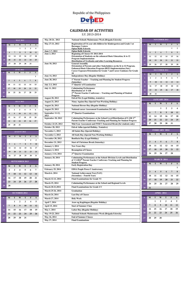 CALENDAR OF ACTIVITIES S.Y. 2013-2014 by Emilyn Ragasa | DOCX ...