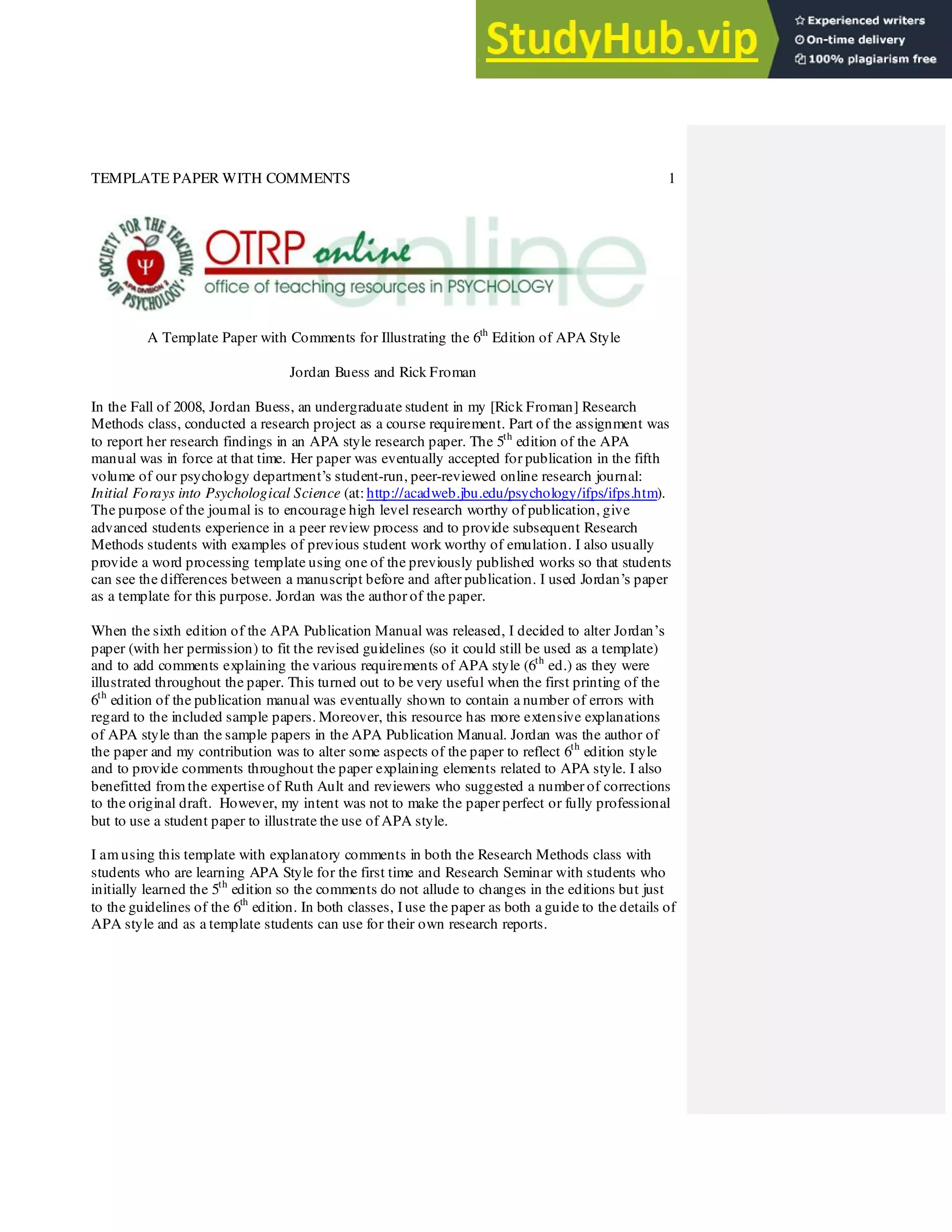 A Template Paper With Comments For Illustrating The 6 Th Edition Of APA ...