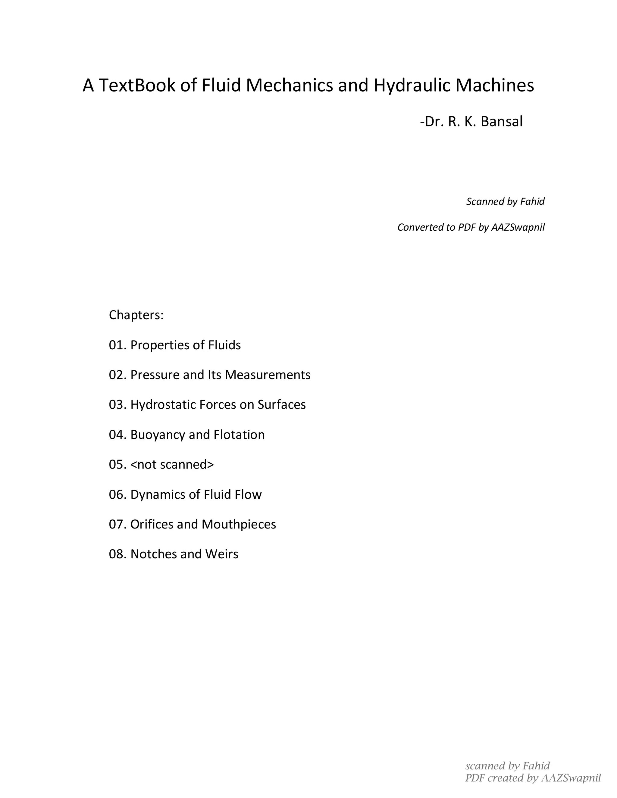 A text book of fluid mechanics and hydraulic machines dr. r. k. bansal ...