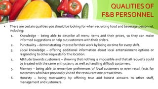 ROLES AND RESPONSIBILITIES OF FOOD AND BEVERAGE PERSONNEL | PPTX