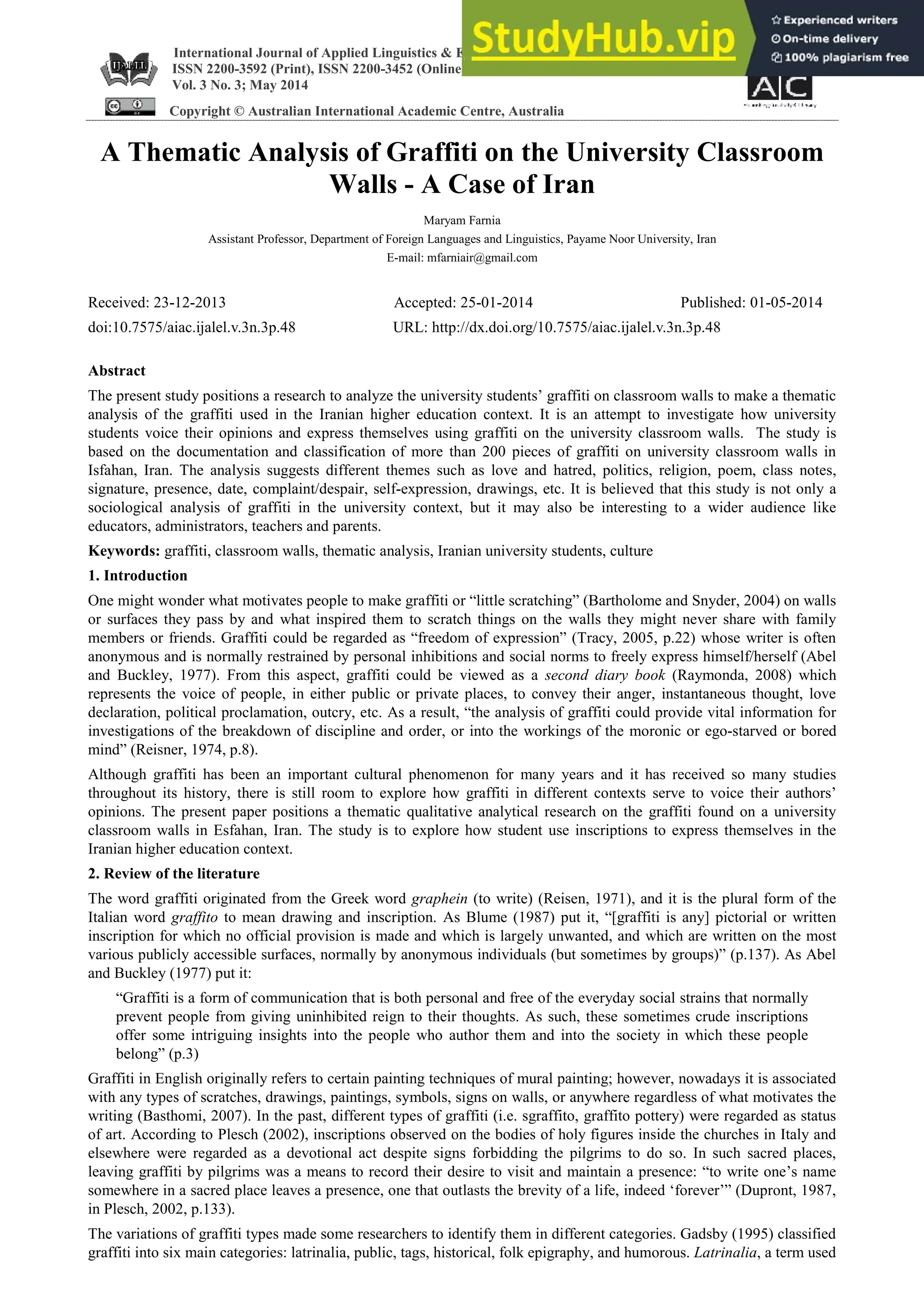A Thematic Analysis Of Graffiti On The University Classroom Walls - A ...