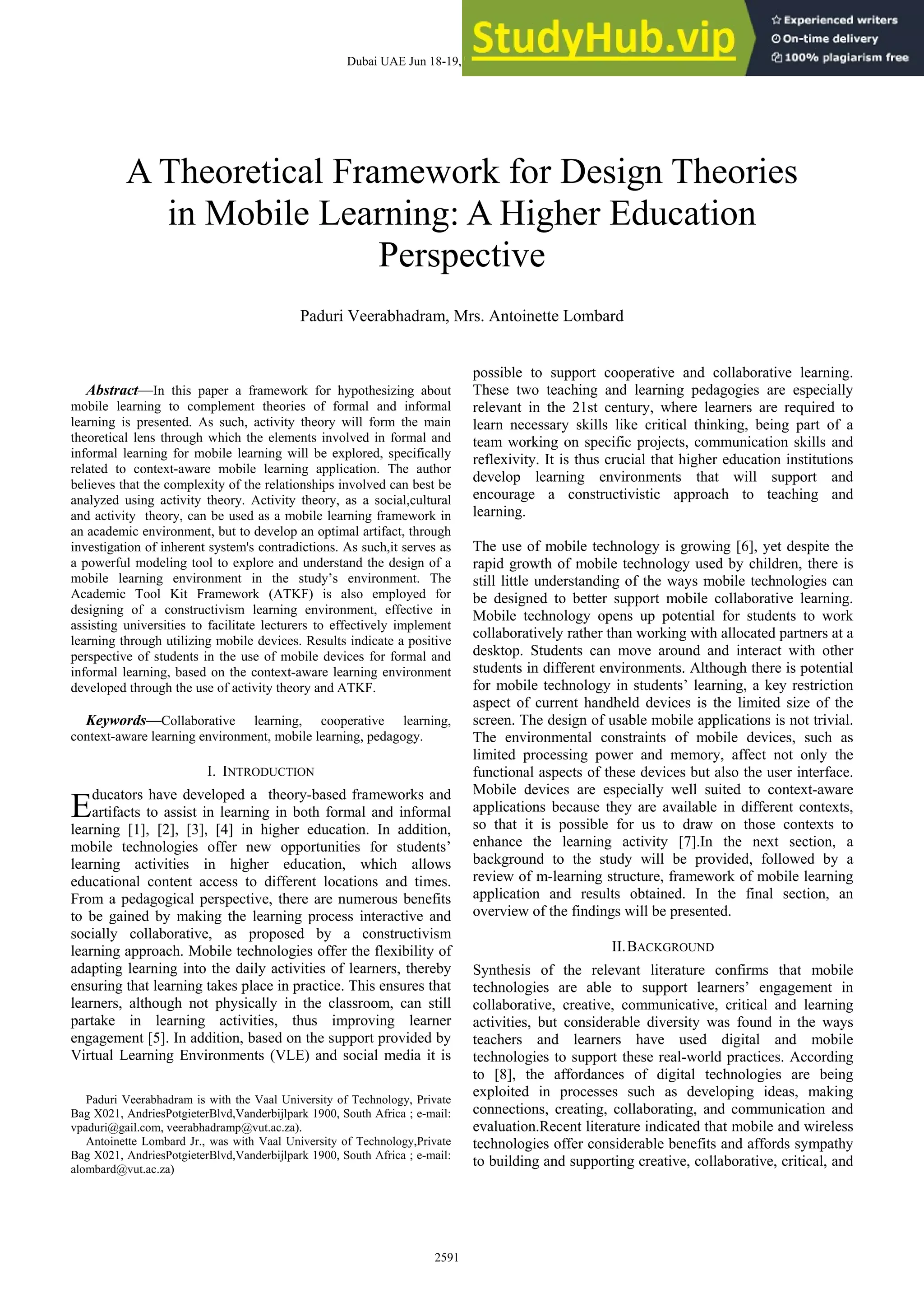 A Theoretical Framework For Design Theories In Mobile Learning A Higher Education Perspective | PDF