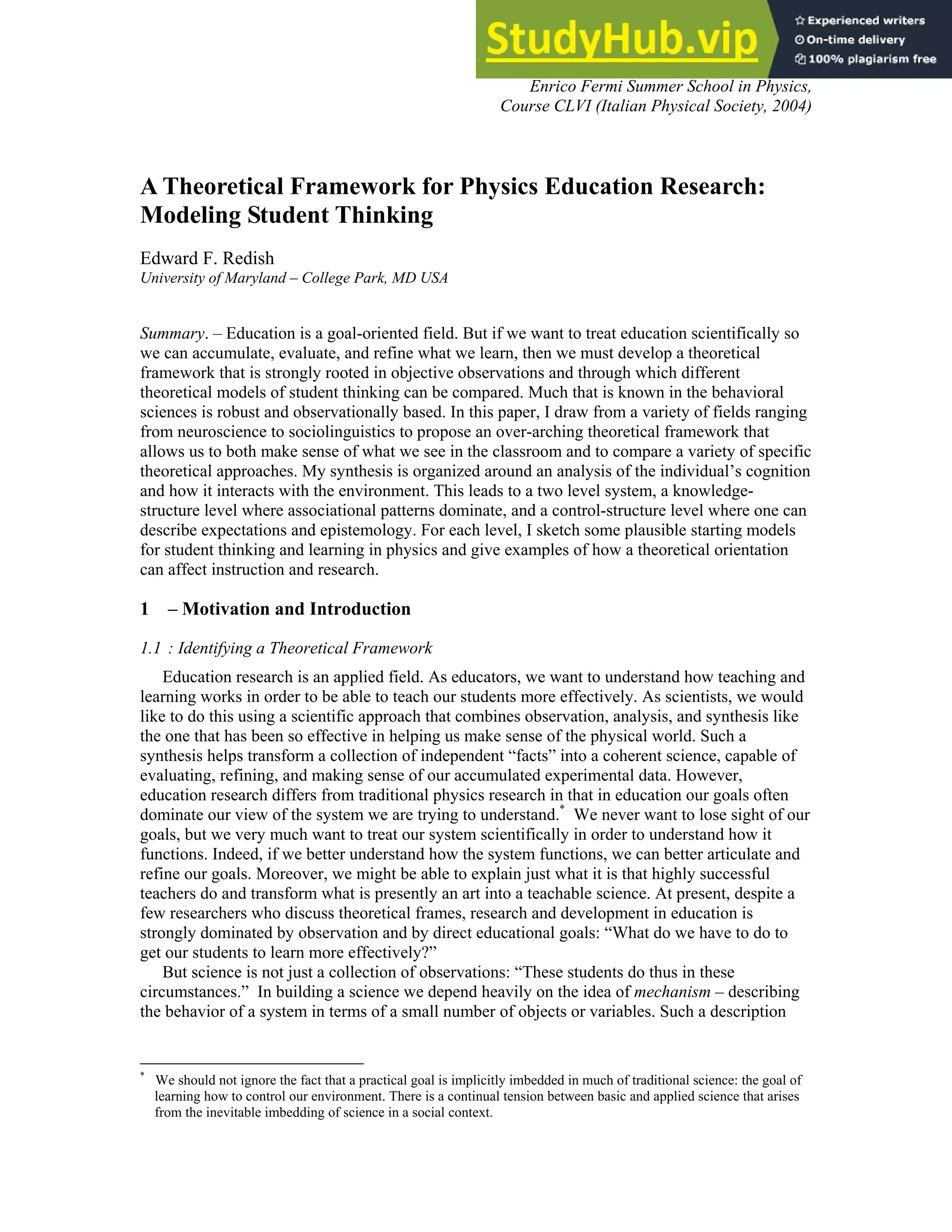 A Theoretical Framework for Physics Education Research Modeling Student ...