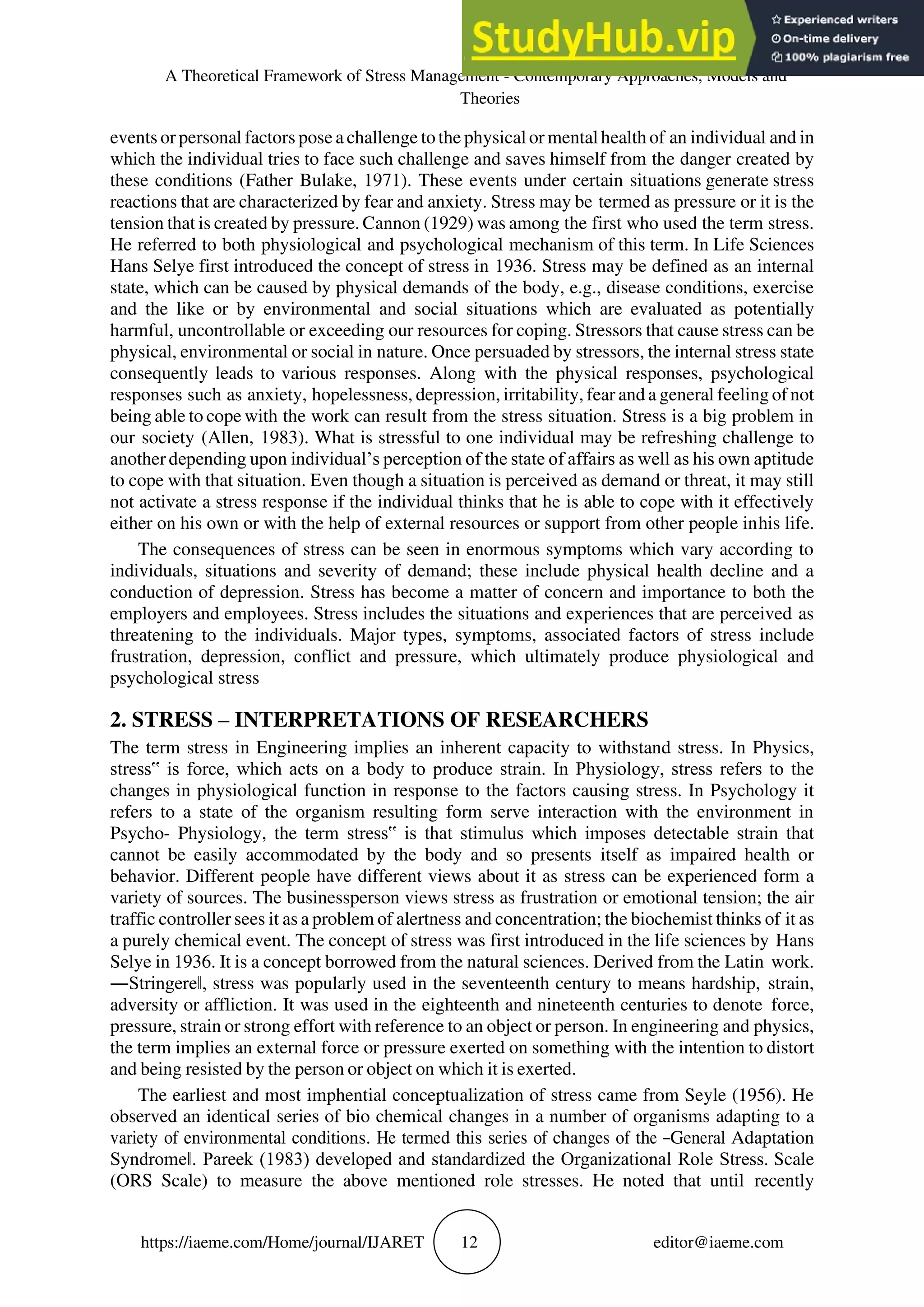 A THEORETICAL FRAMEWORK OF STRESS MANAGEMENT- CONTEMPORARY APPROACHES ...