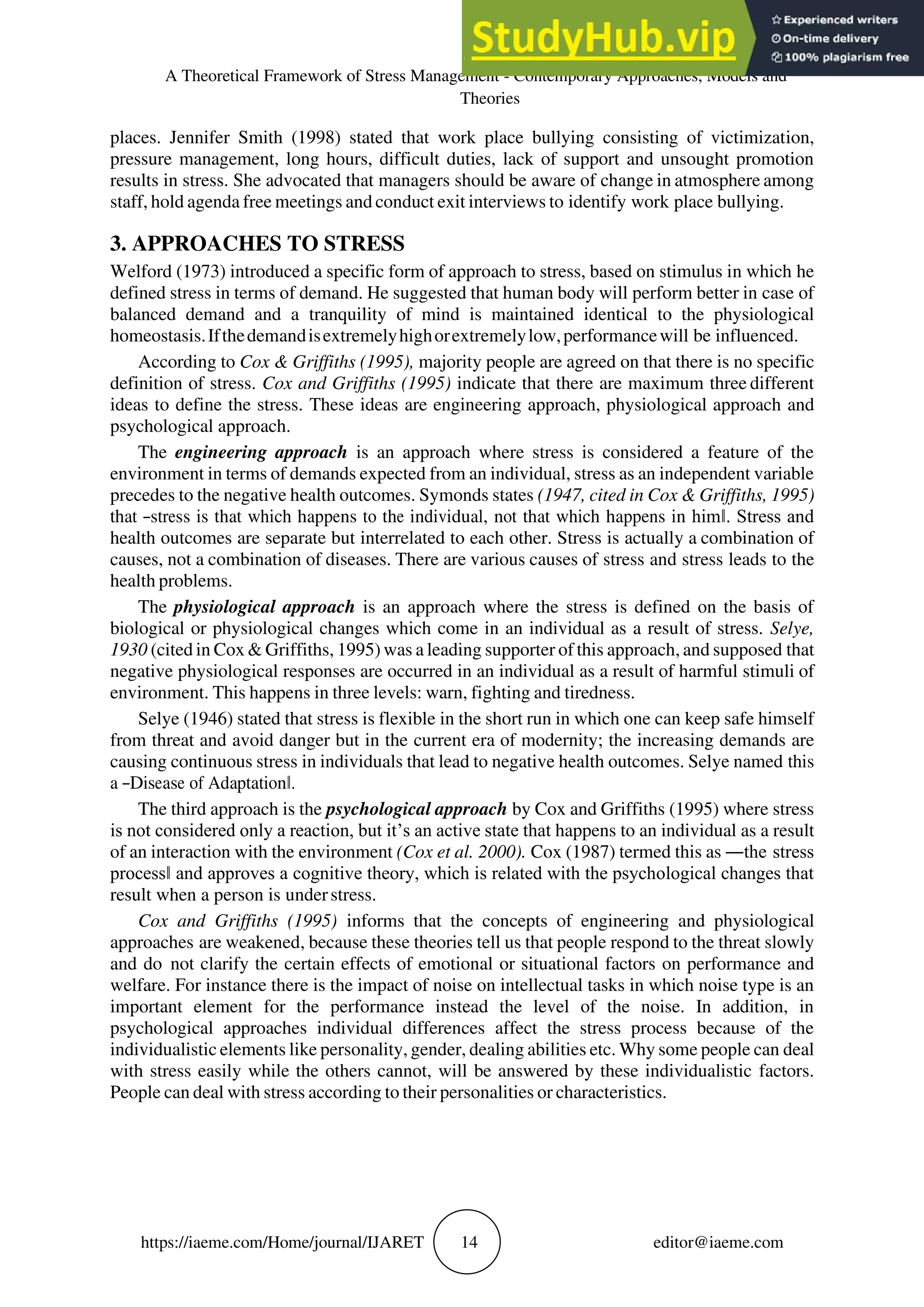A THEORETICAL FRAMEWORK OF STRESS MANAGEMENT- CONTEMPORARY APPROACHES ...