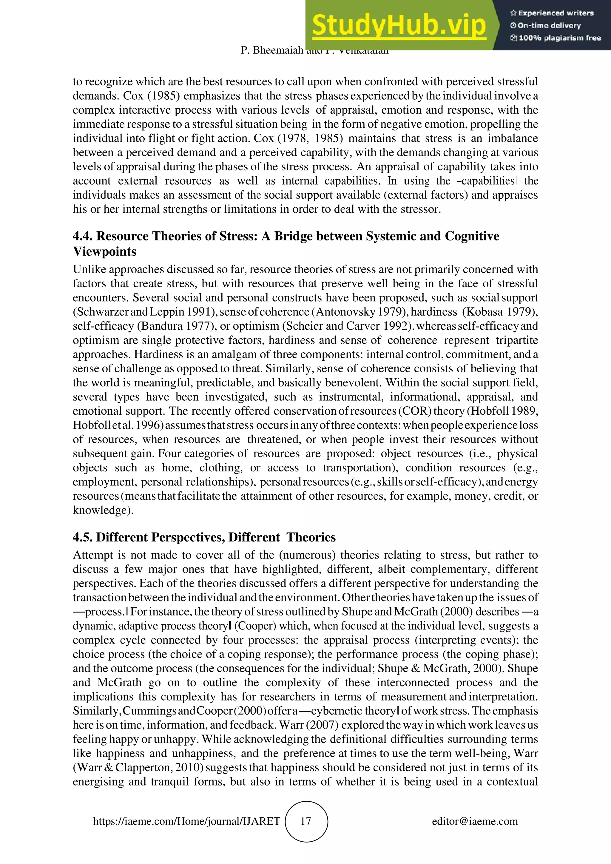A THEORETICAL FRAMEWORK OF STRESS MANAGEMENT- CONTEMPORARY APPROACHES ...