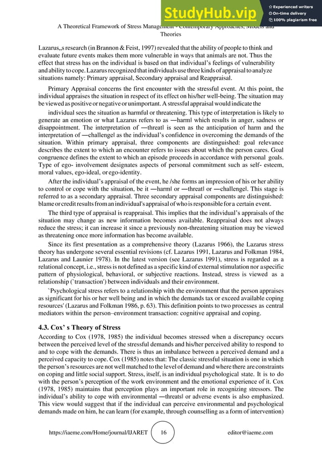 A THEORETICAL FRAMEWORK OF STRESS MANAGEMENT- CONTEMPORARY APPROACHES ...