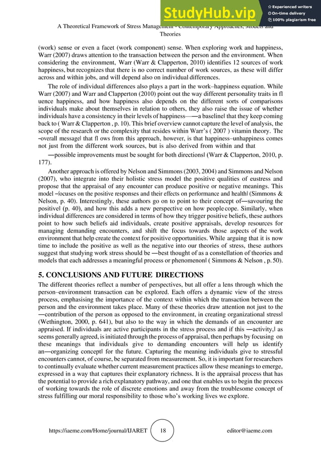 A THEORETICAL FRAMEWORK OF STRESS MANAGEMENT- CONTEMPORARY APPROACHES ...