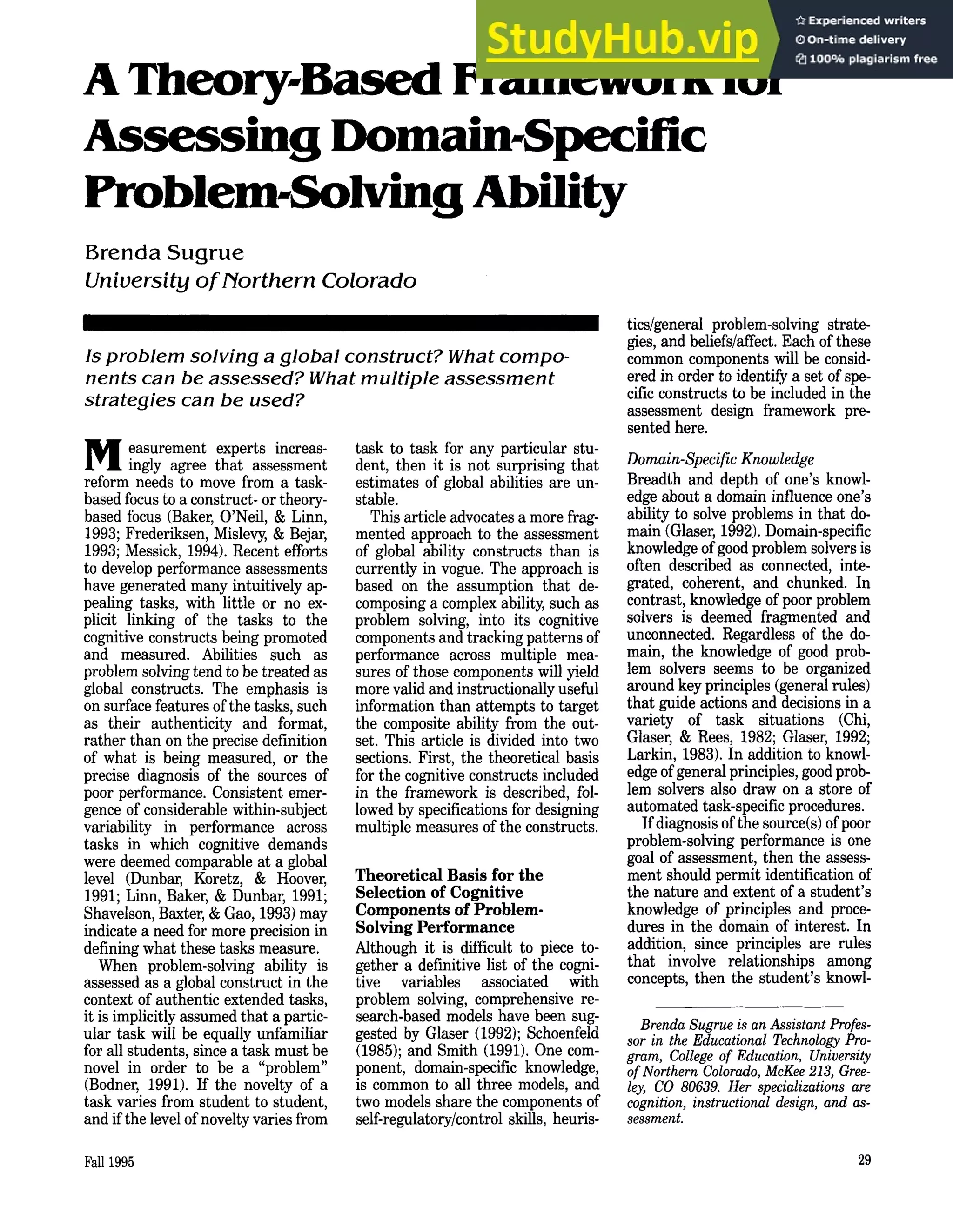 A Theory-Based Framework For Assessing Domainl-Specific Problem-Solving Ability | PDF