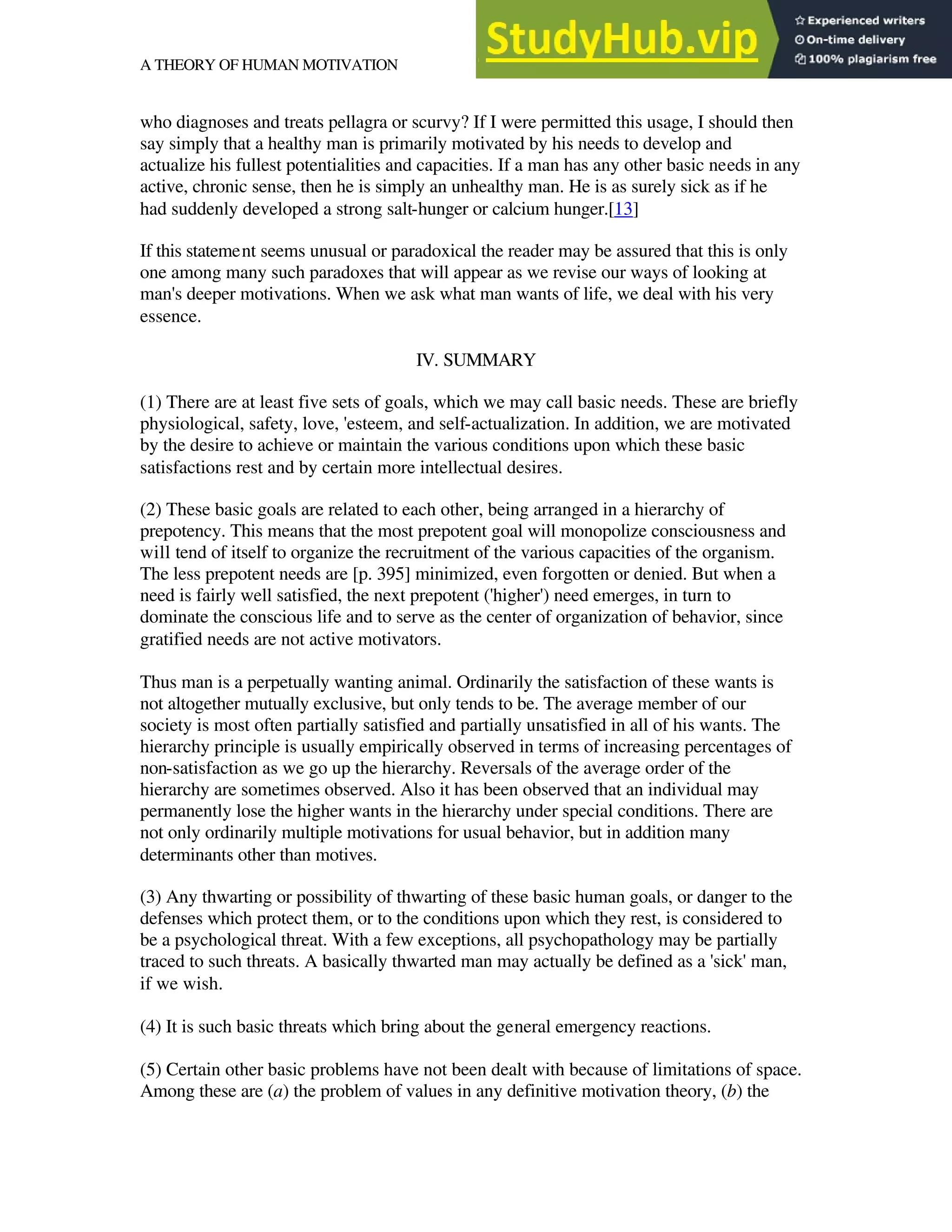 A Theory Of Human Motivation - A. H. Maslow (1943) | PDF