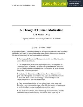 A Theory Of Human Motivation - A. H. Maslow (1943) | PDF