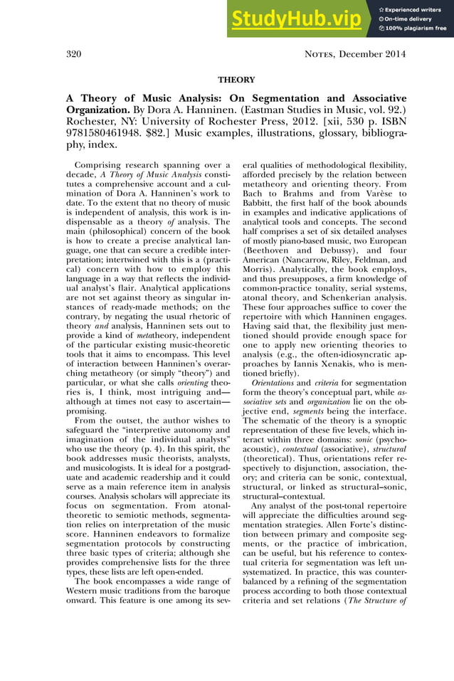 A Theory Of Music Analysis On Segmentation And Associative Organization By Dora A. Hanninen ...
