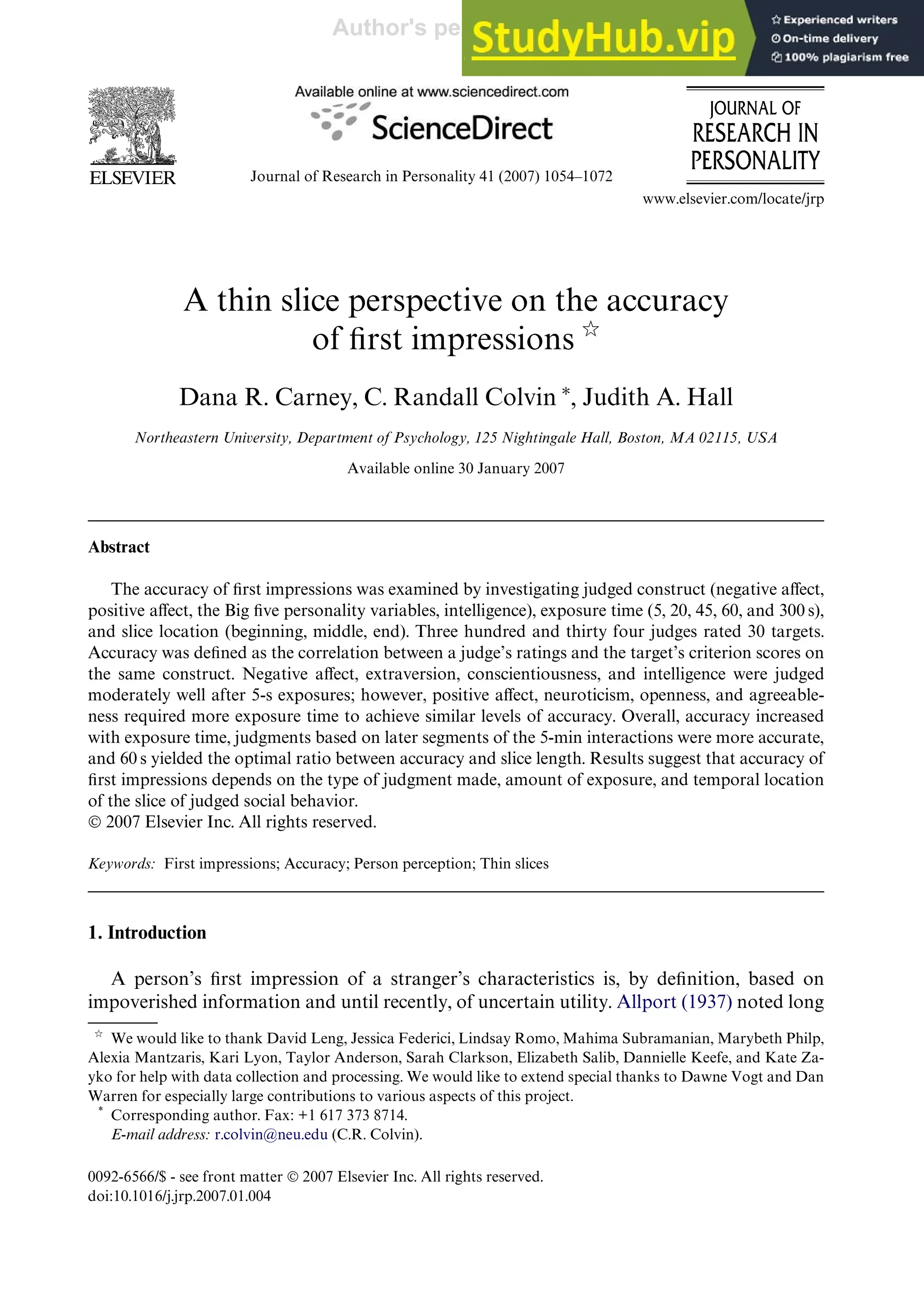 A Thin Slice Perspective On The Accuracy Of First Impressions | PDF