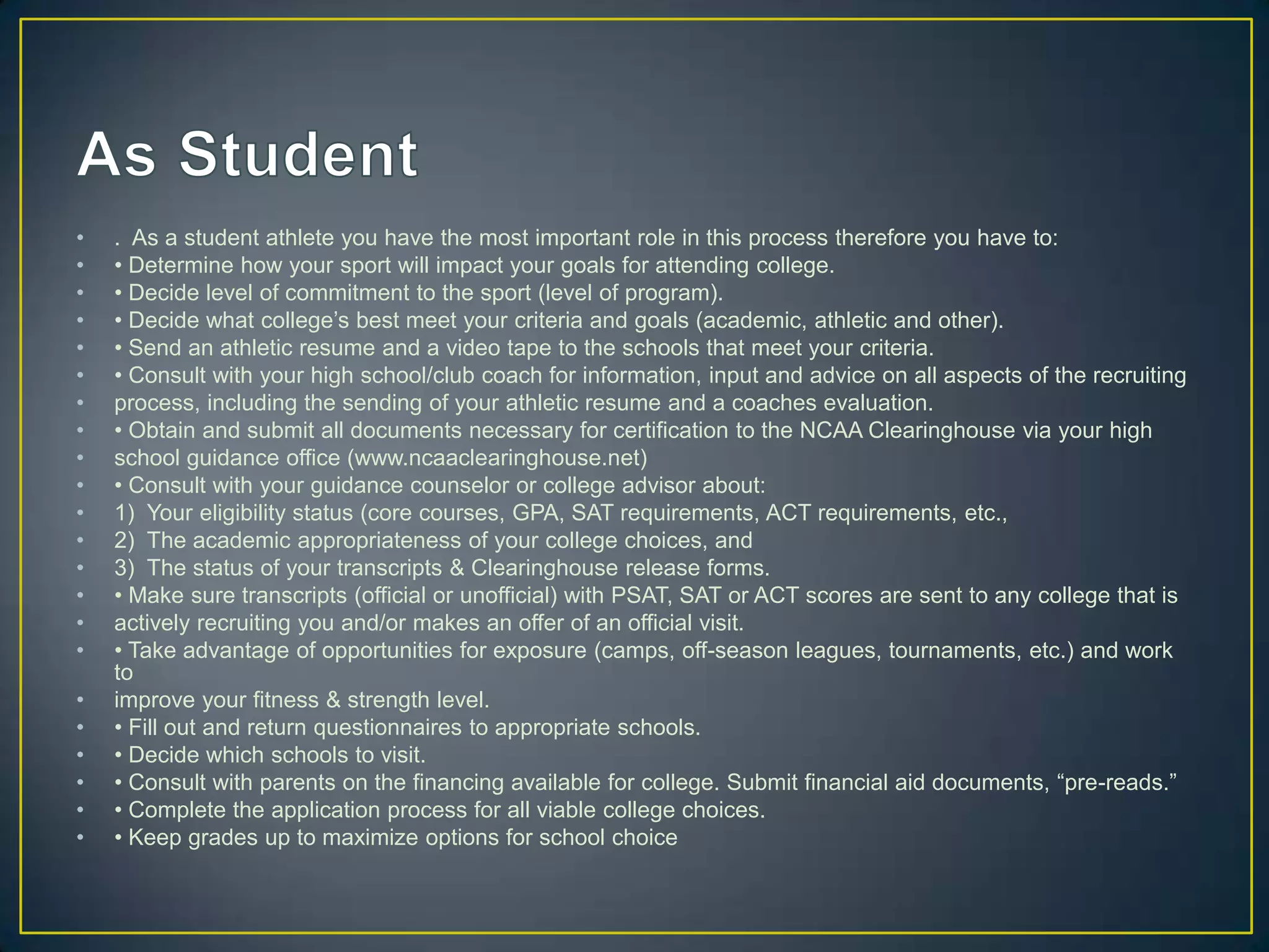 Athletic recruiting process | PPTX | College Planning | College Education