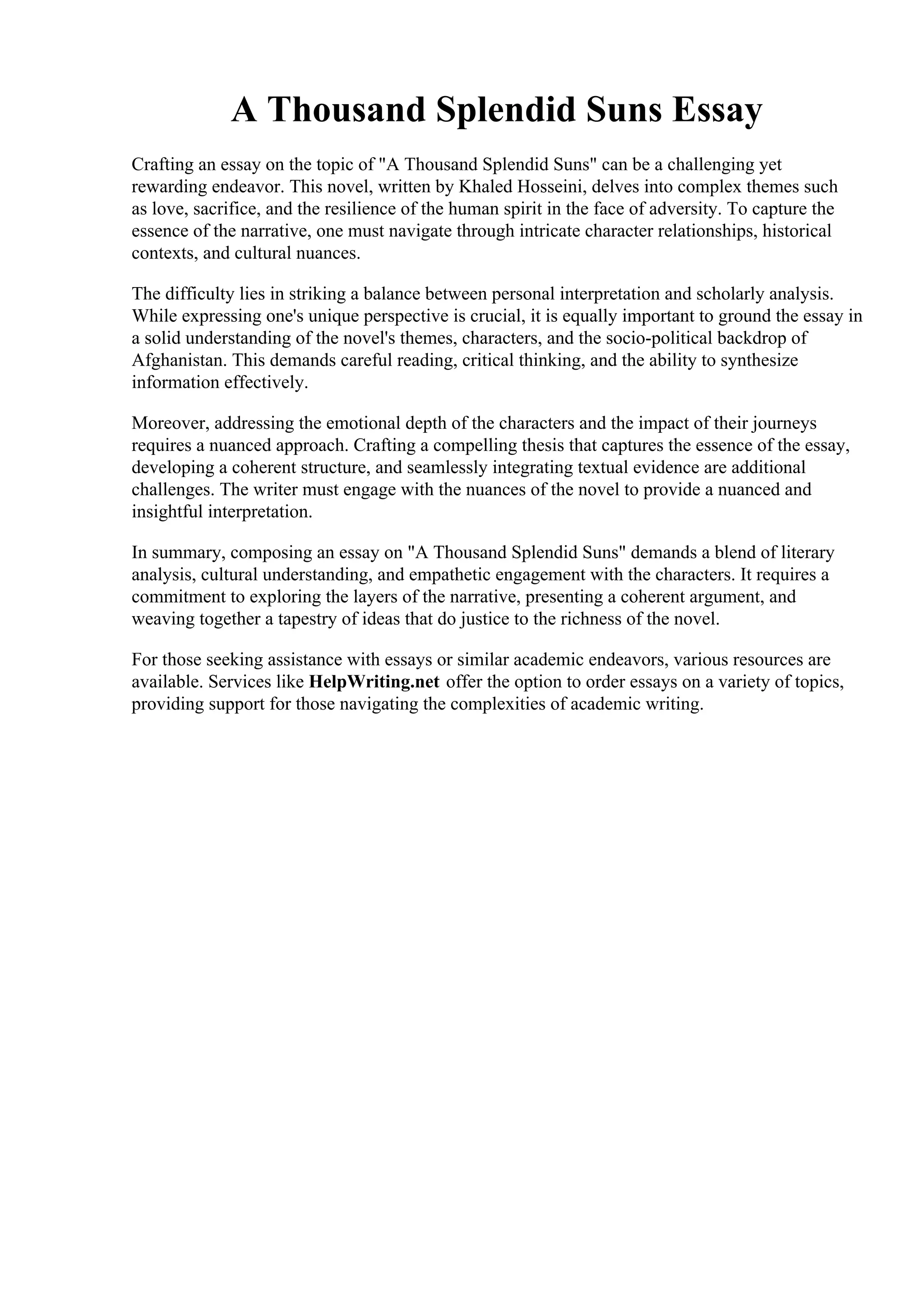 A Thousand Splendid Suns Essay | PDF