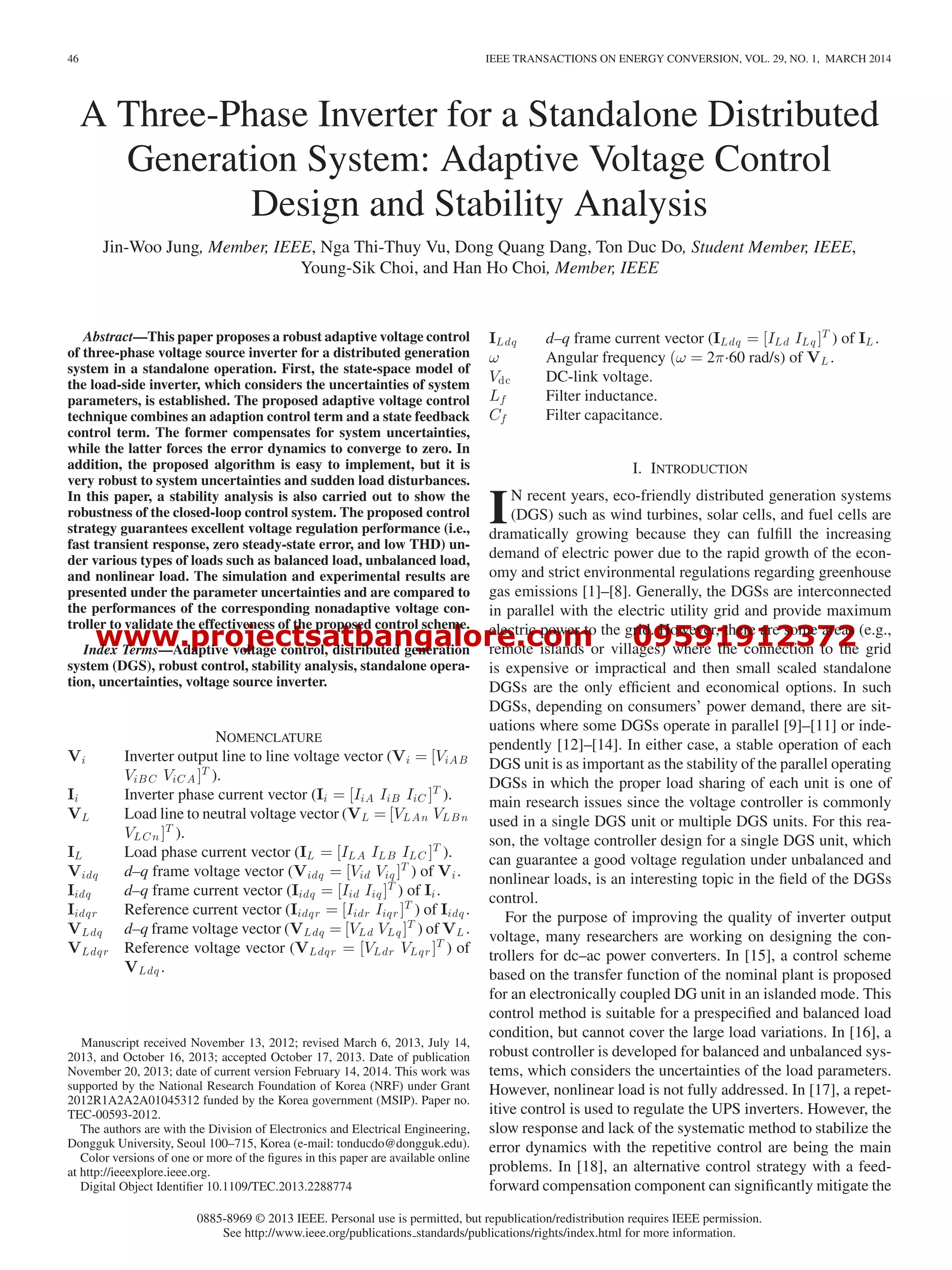 A Three-Phase Inverter for a Standalone Distributed Generation System: Adaptive Voltage Control ...