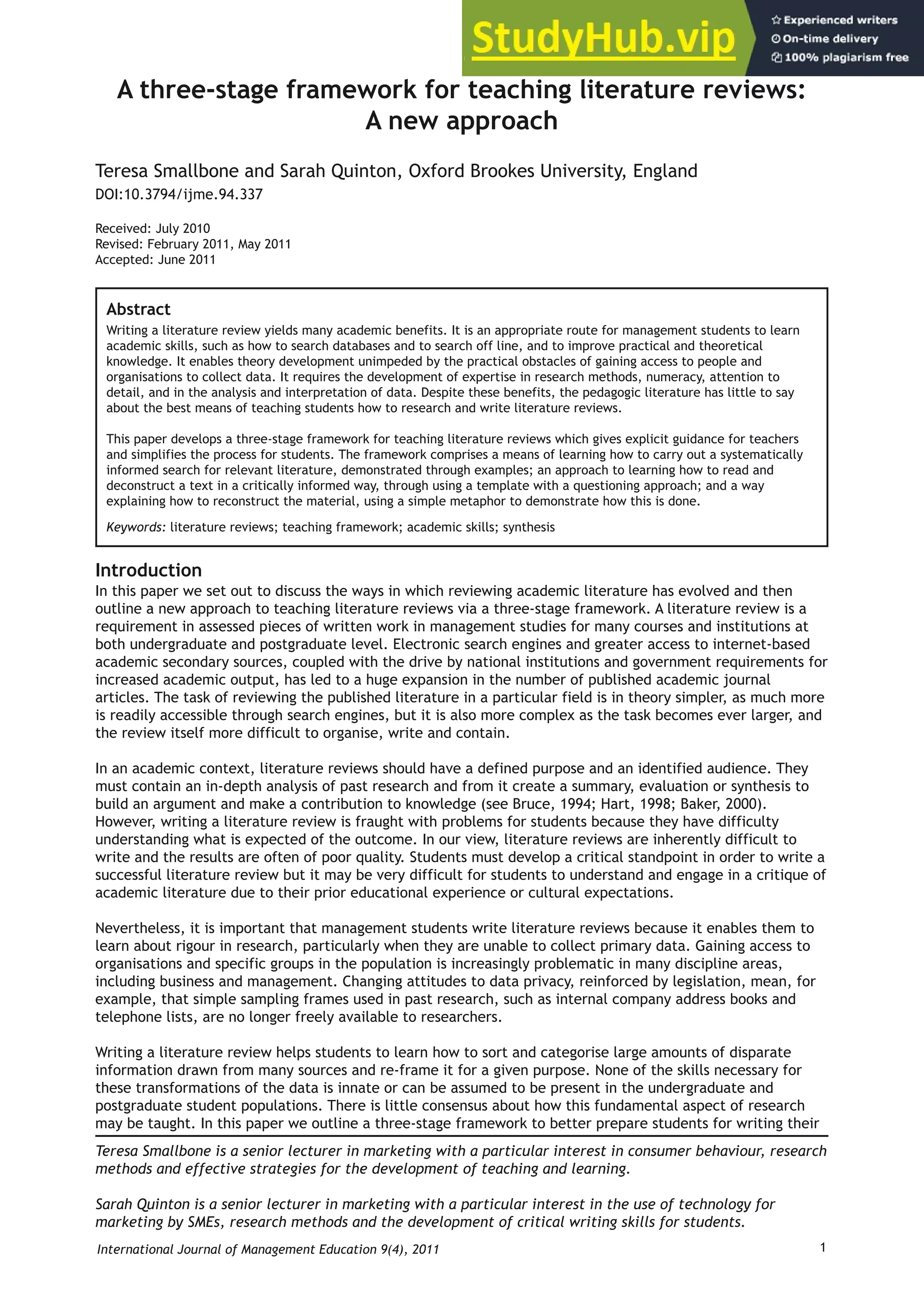A Three-Stage Framework For Teaching Literature Reviews A New Approach ...