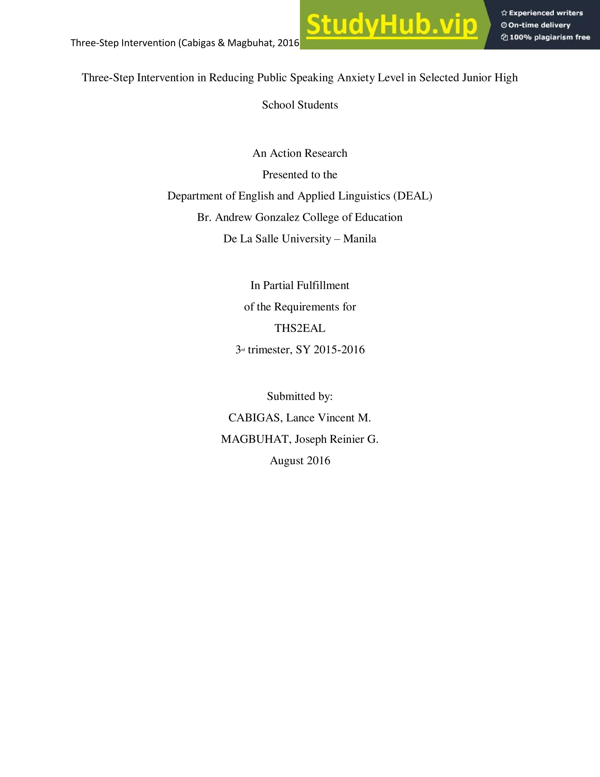 A Three-Step Intervention In Reducing Public Speaking Anxiety (PSA ...