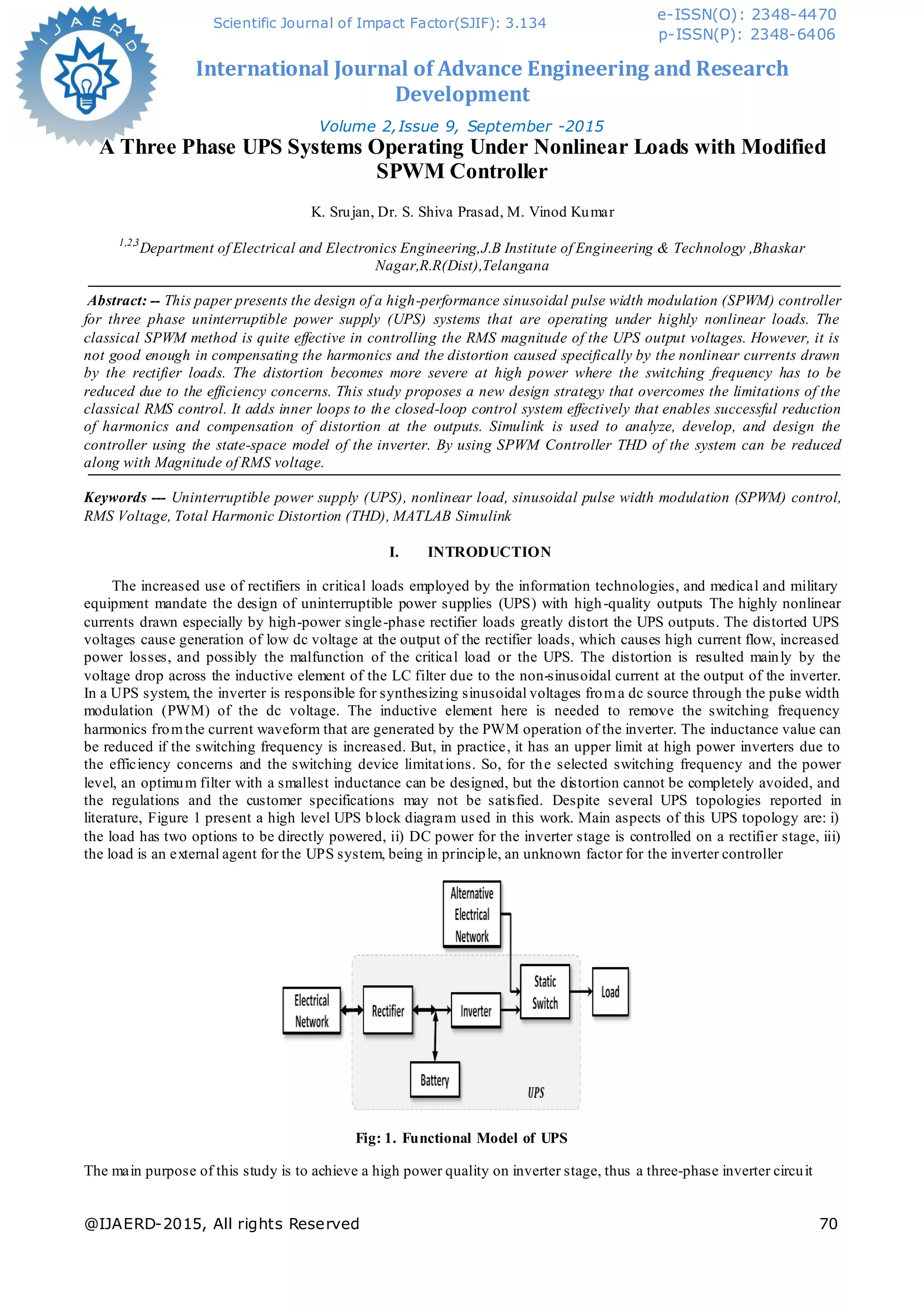 A Three Phase Ups Systems Operating Under Nonlinear Loads With Modified Spwm Controller 29668 Pdf