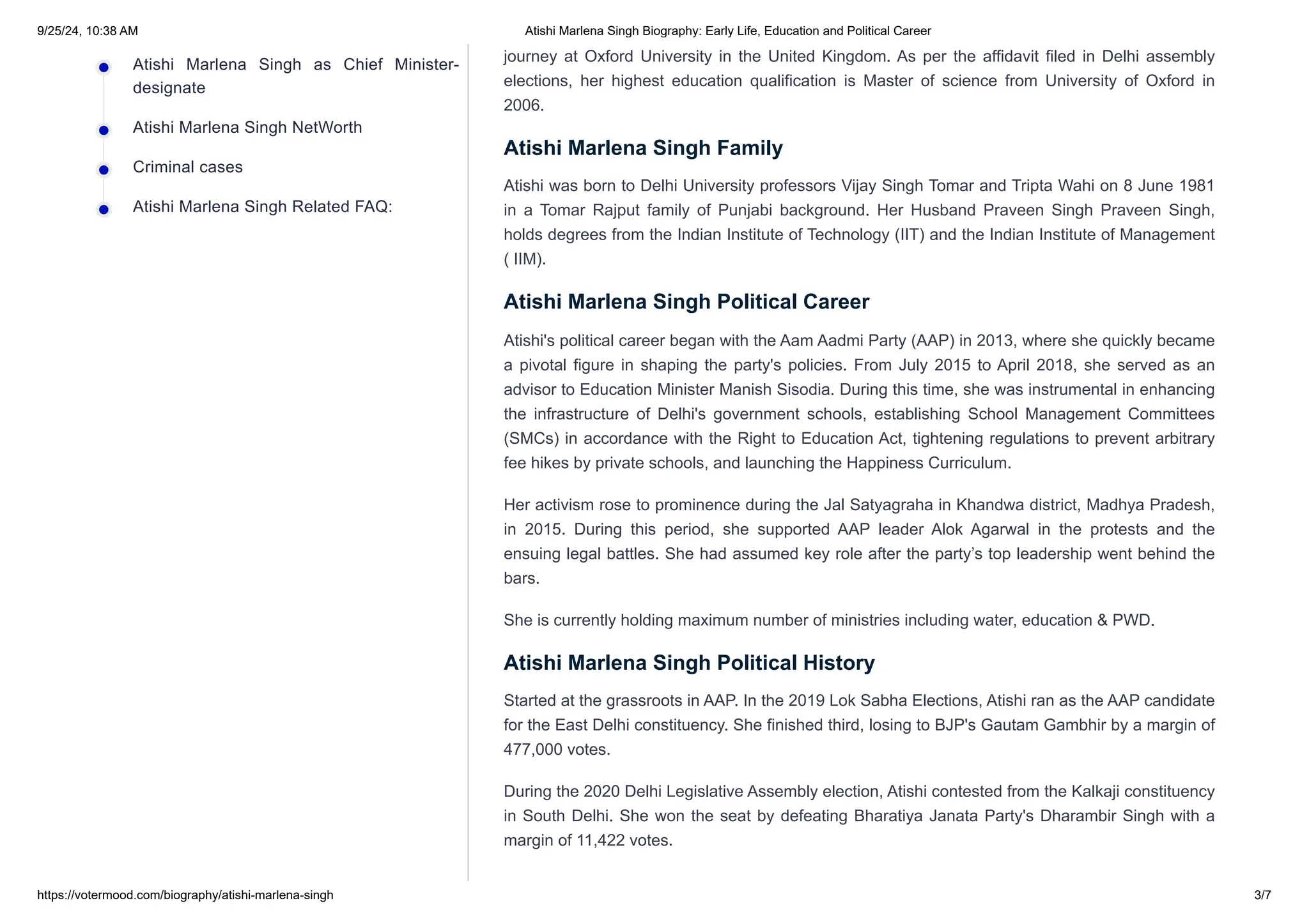 Atishi Marlena Singh Biography- Early Life, Education and Political ...