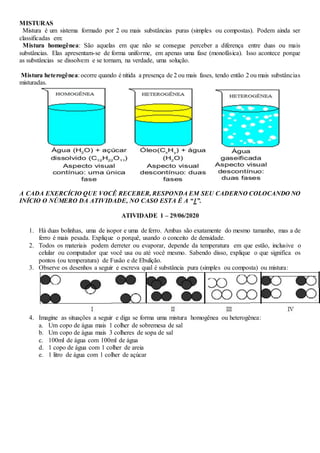 Atividade Substâncias puras e misturas | PDF