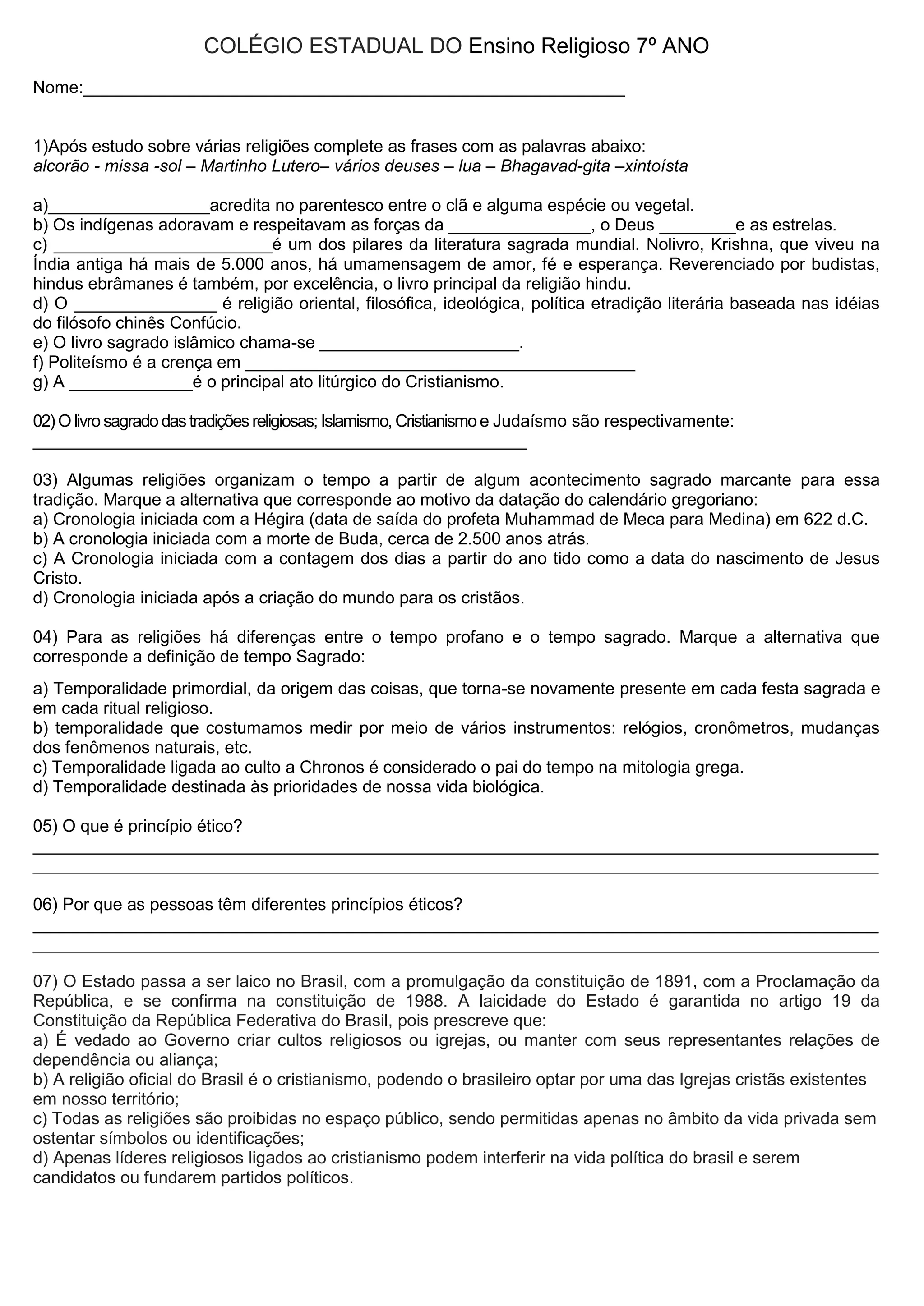 Atividade 7 ano.doc | Islam | Religion & Spirituality